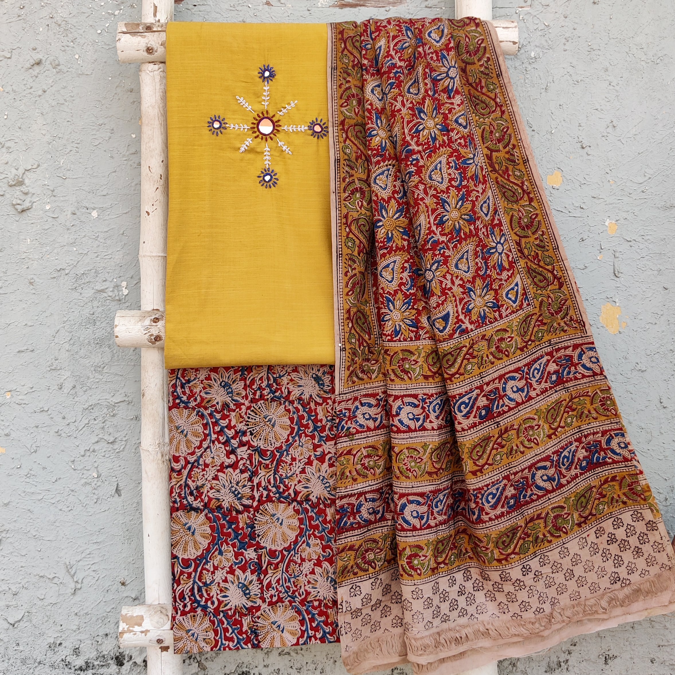 AISHA-Pure Cotton Mustard With Emboriderey Work On Neck And Kalamkari ...