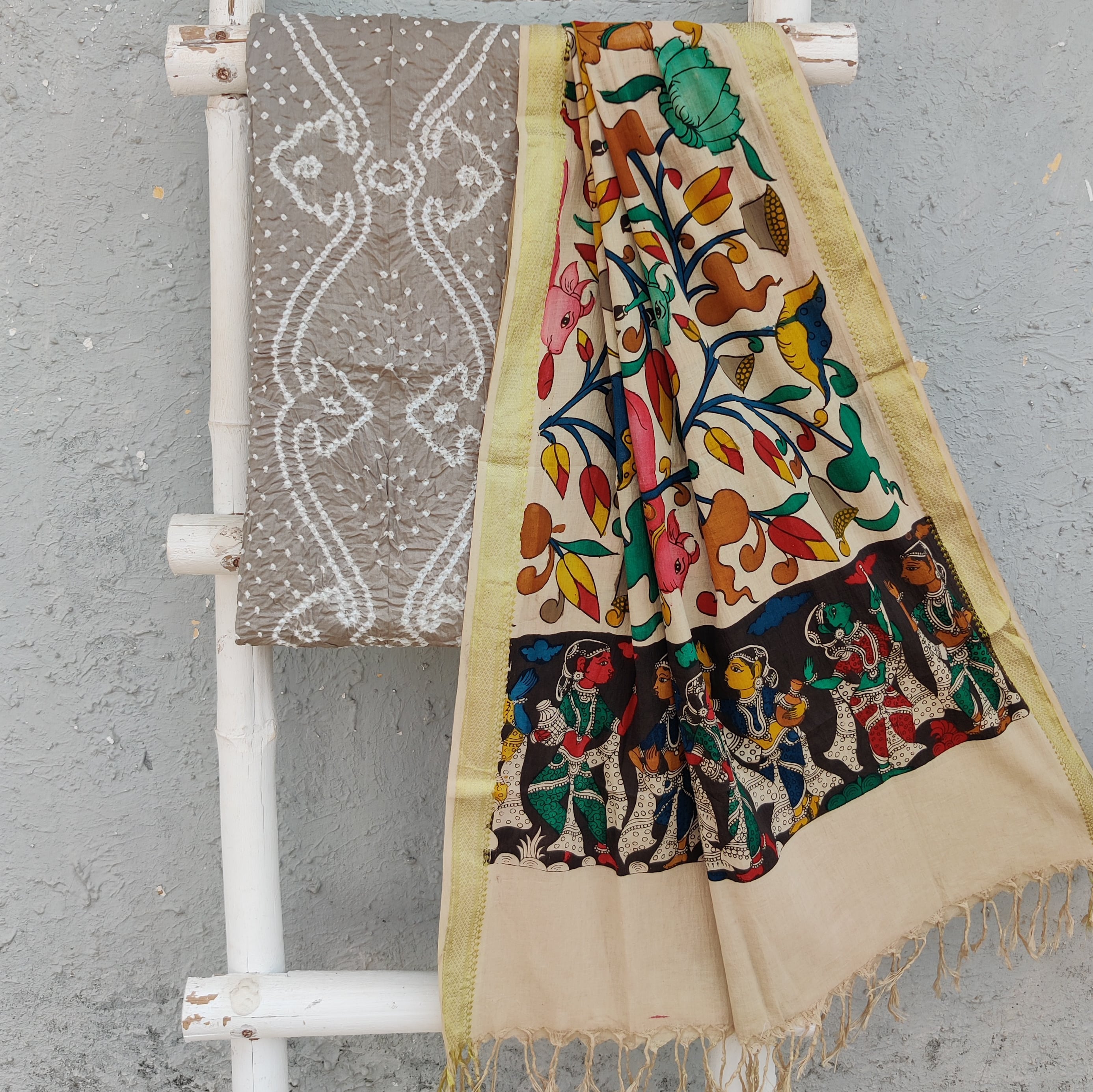 BANDHANI-KALAMKARI-Pure Cotton Bandhani Top Fabric With Hand Painted K ...