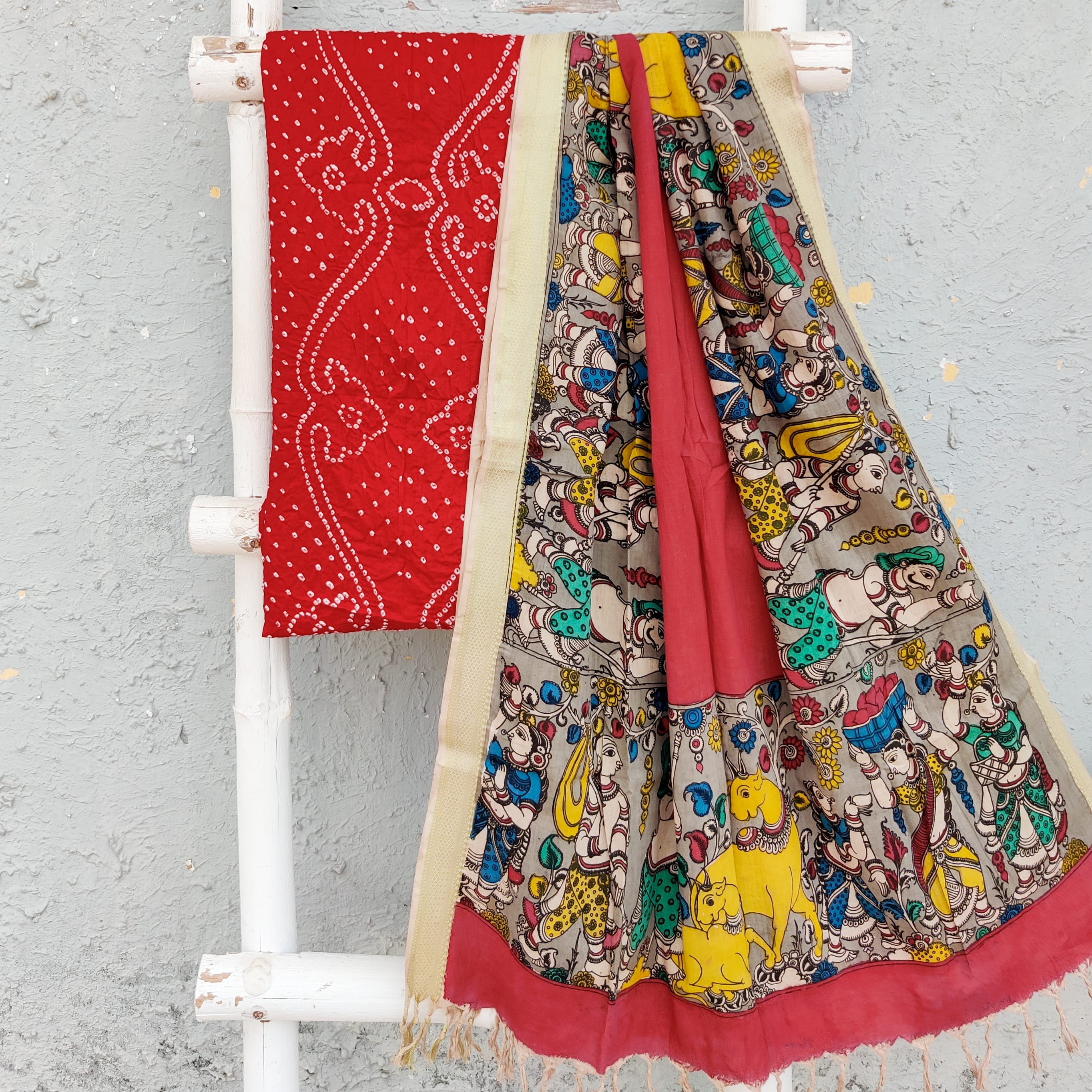 BANDHANI-KALAMKARI-Pure Cotton Bandhani Top Fabric With Hand Painted K ...