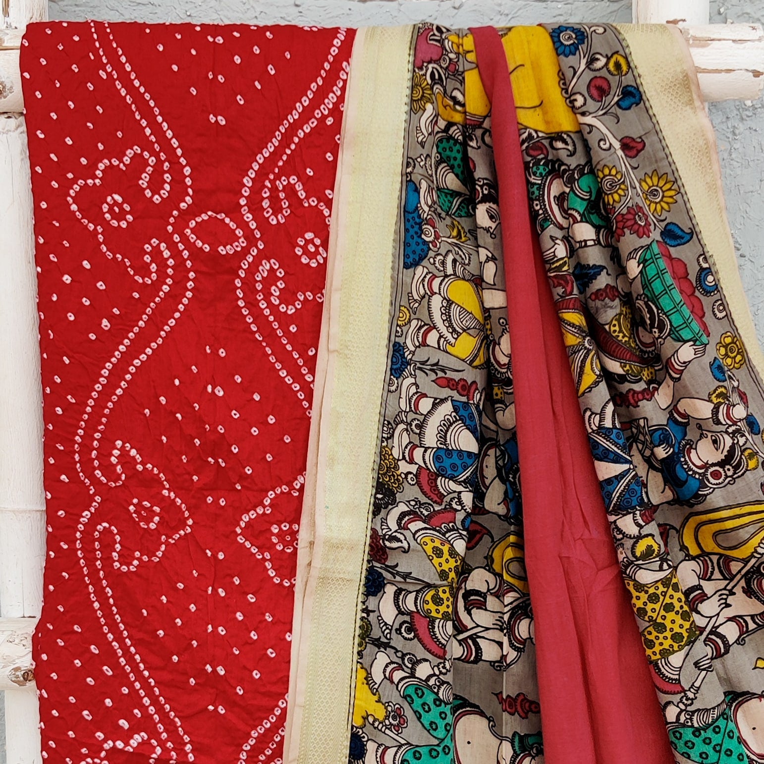 BANDHANI-KALAMKARI-Pure Cotton Bandhani Top Fabric With Hand Painted K ...