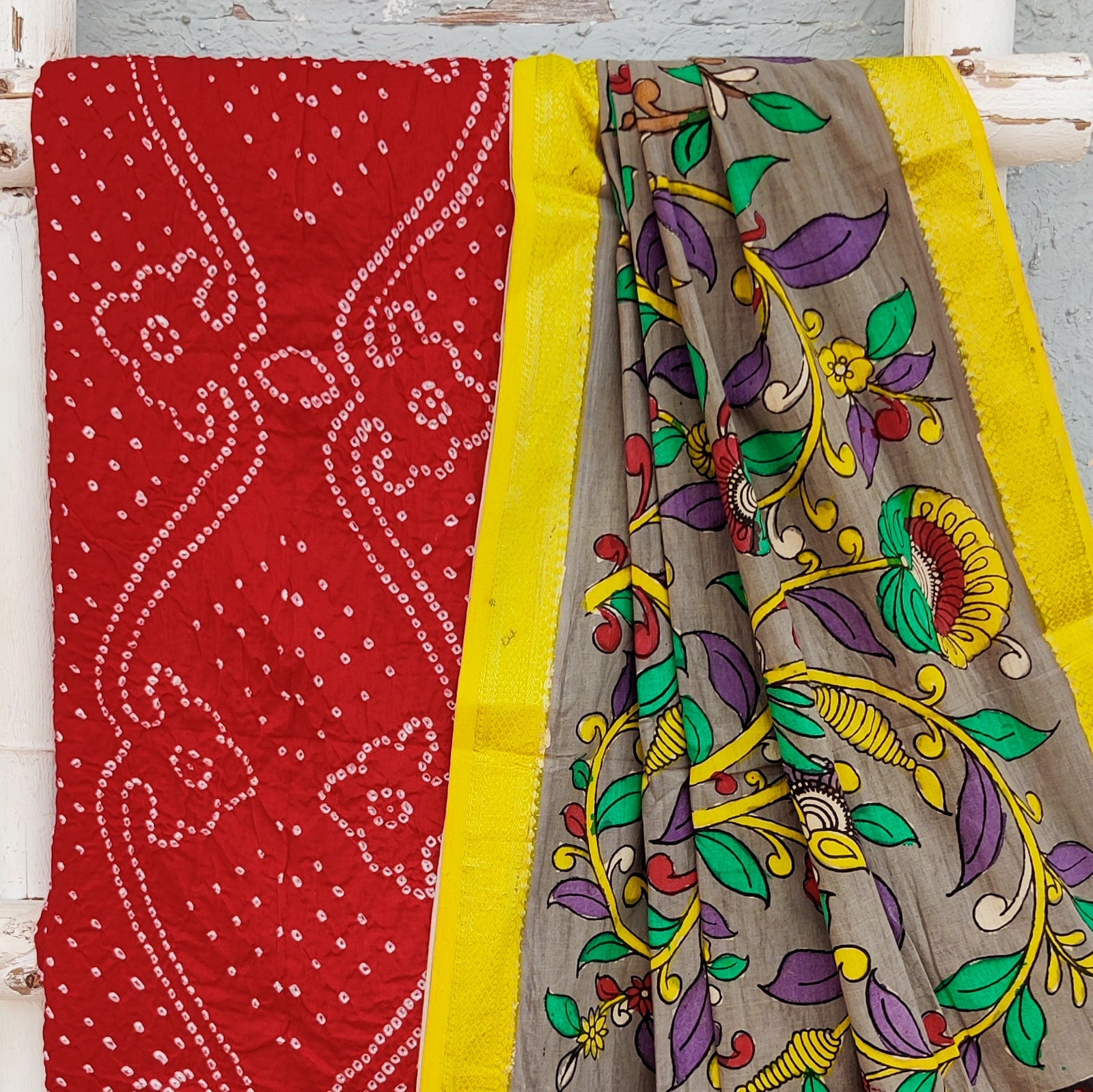 BANDHANI-KALAMKARI-Pure Cotton Bandhani Top Fabric With Hand Painted K ...