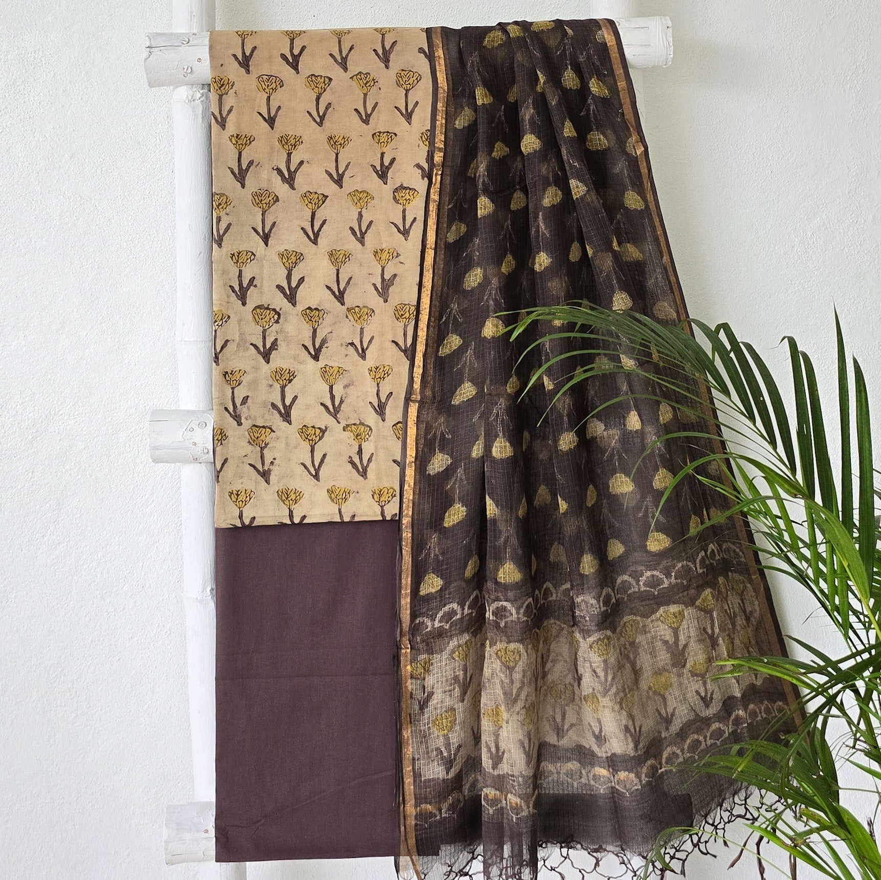 BHAVYA-Pure Cotton Vanaspati Cream With Brown Flower Top And Pure Cott ...