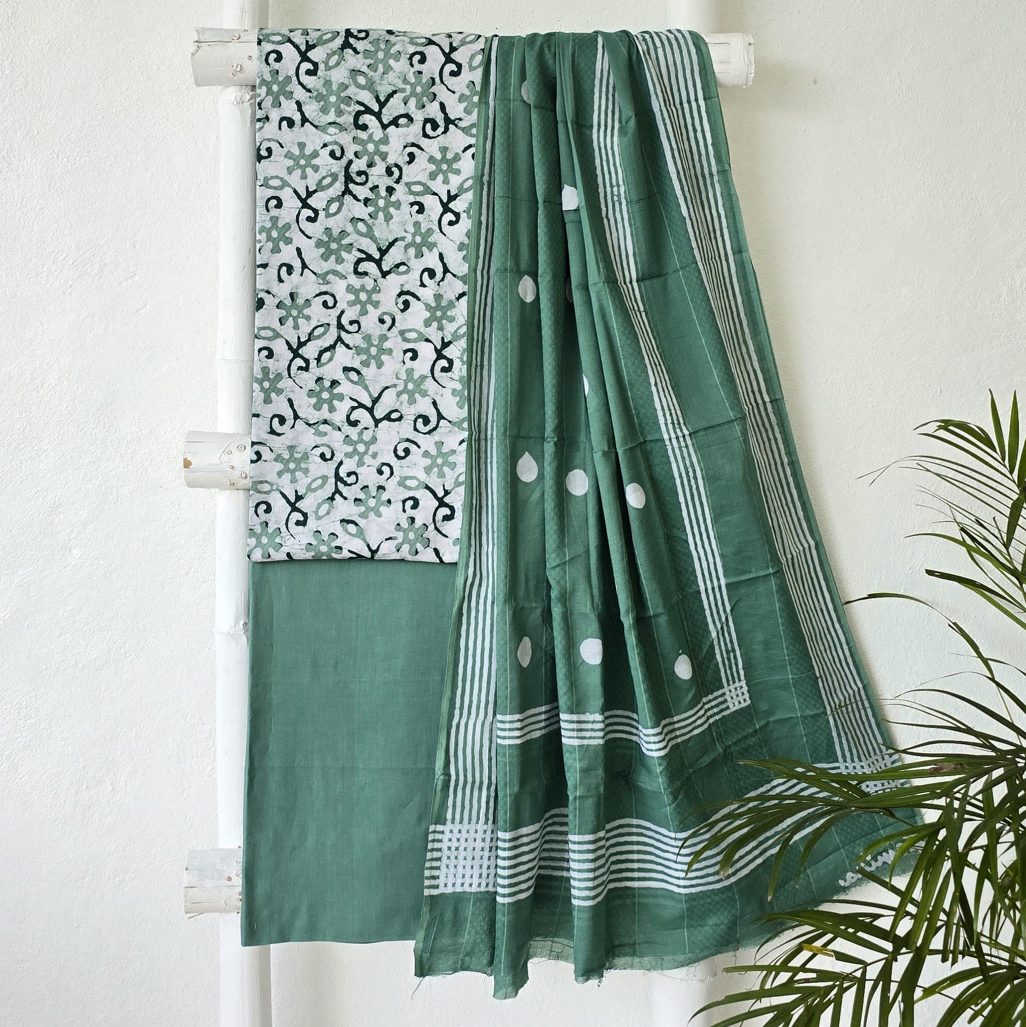BHAVYA-Pure Cotton White With Green Flower Jaal Top And Plain Bottom A ...