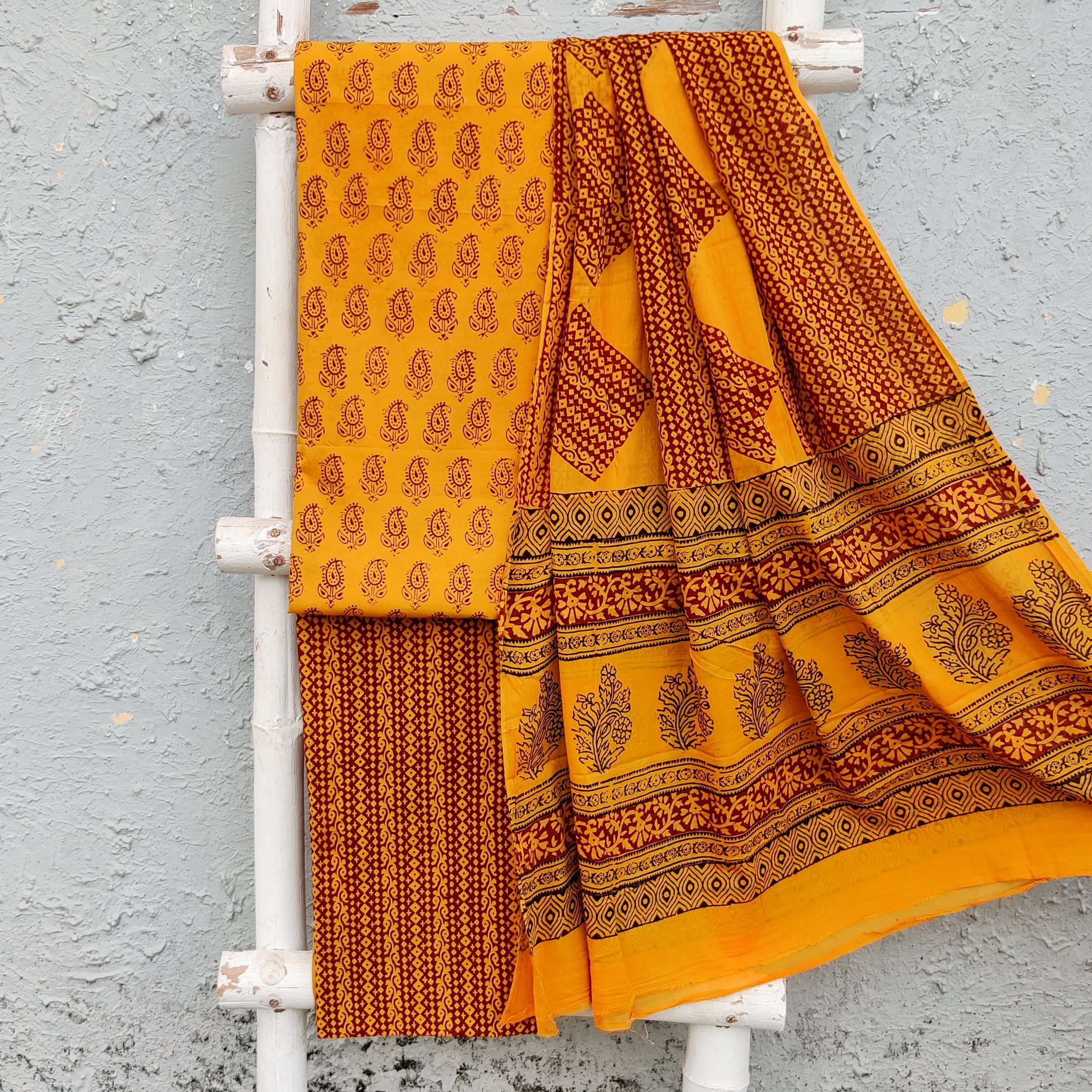 Bagh-E-Wafa-Pure Cotton Mustard With Orange Kairi Flower Motif Top And ...