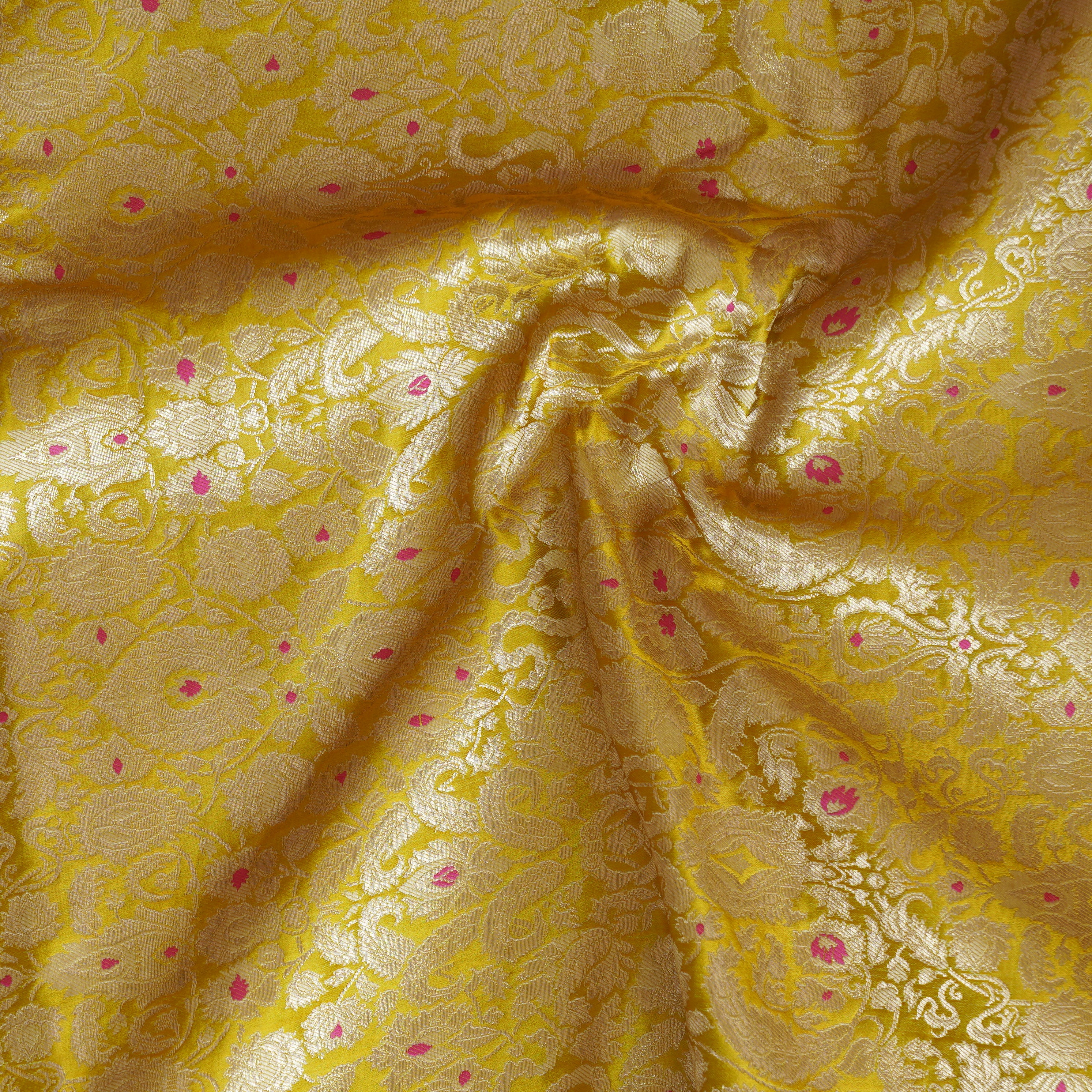 Banarasi Brocade Yellow With Pink Flower Jaal Goldenish Fabric – Sanskruti