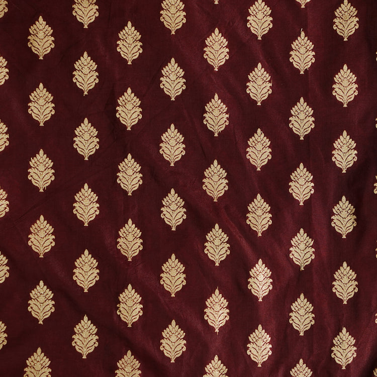 Brocade Maroon With Golden Zari Leaves Motif Fabric – Sanskruti