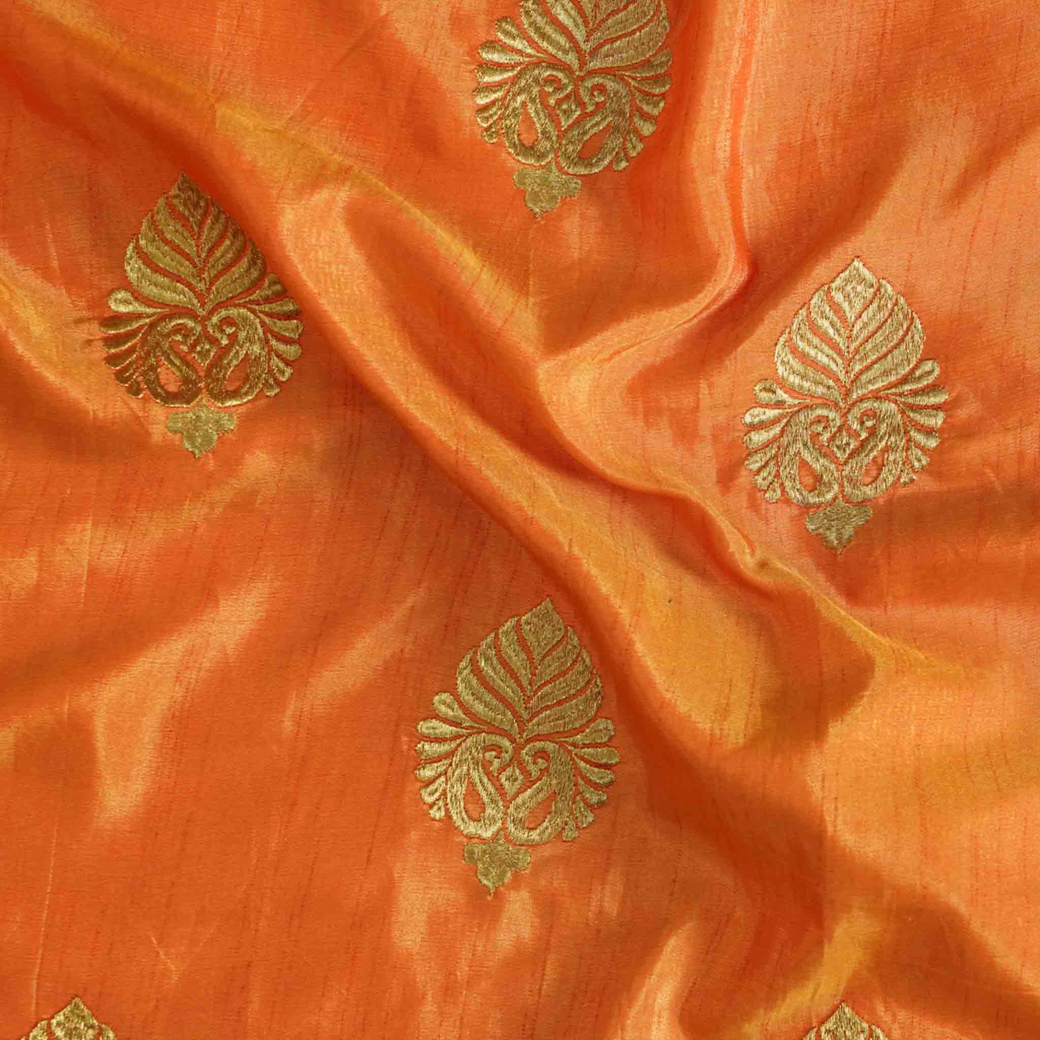 Brocade Orange With Golden Zari Emboriderey Hand Woven Fabric – Sanskruti