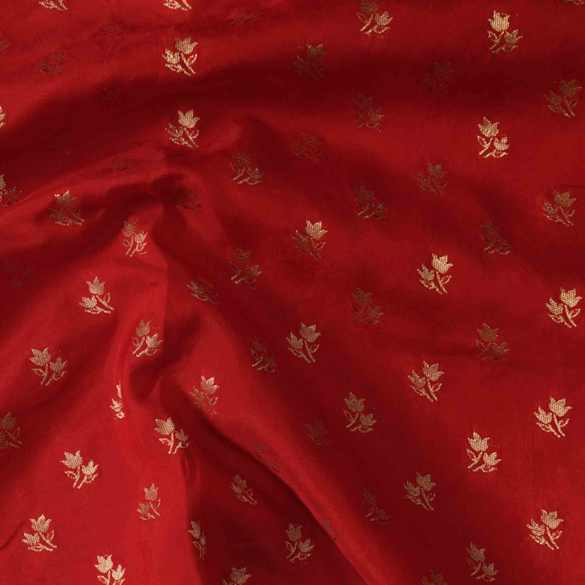 Brocade Red With Golden Zari Flower Motif Hand Woven Fabric – Sanskruti