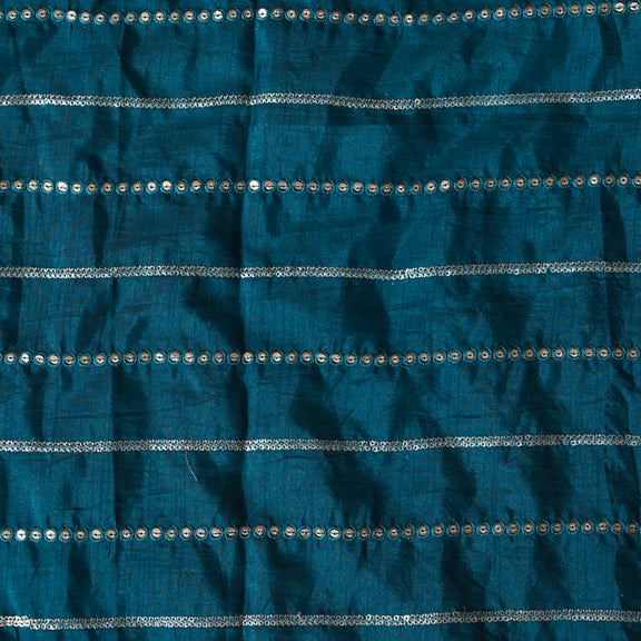Brocade Teal Blue With Golden Sequins Border Fabric – Sanskruti