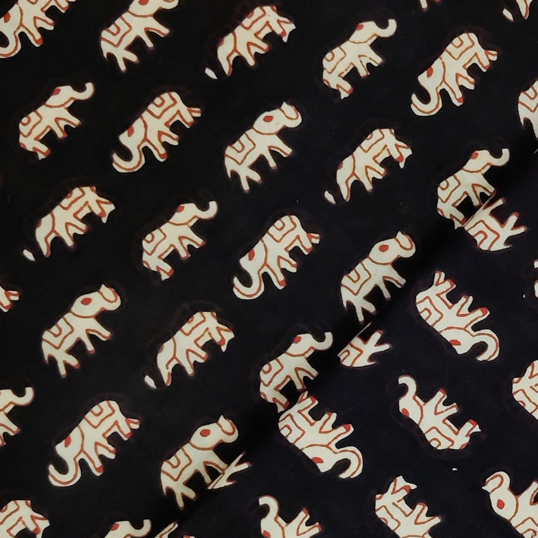Pure Cotton Dabu Black With Cream Tiny Elephant Motif Hand Block Print ...