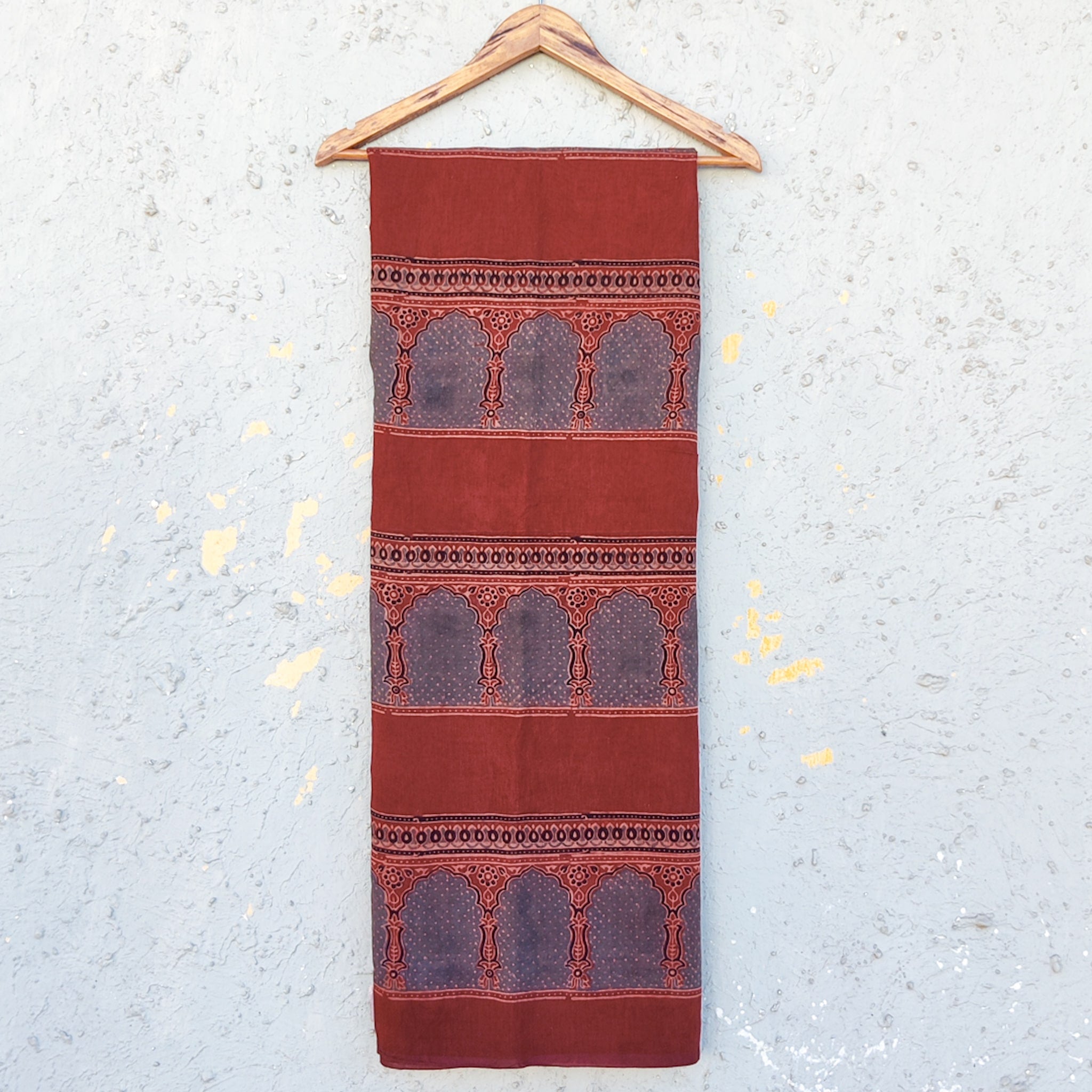 Chanderi Cotton Rust Maroon With Rust Blue Border Hand Block Print Fab ...
