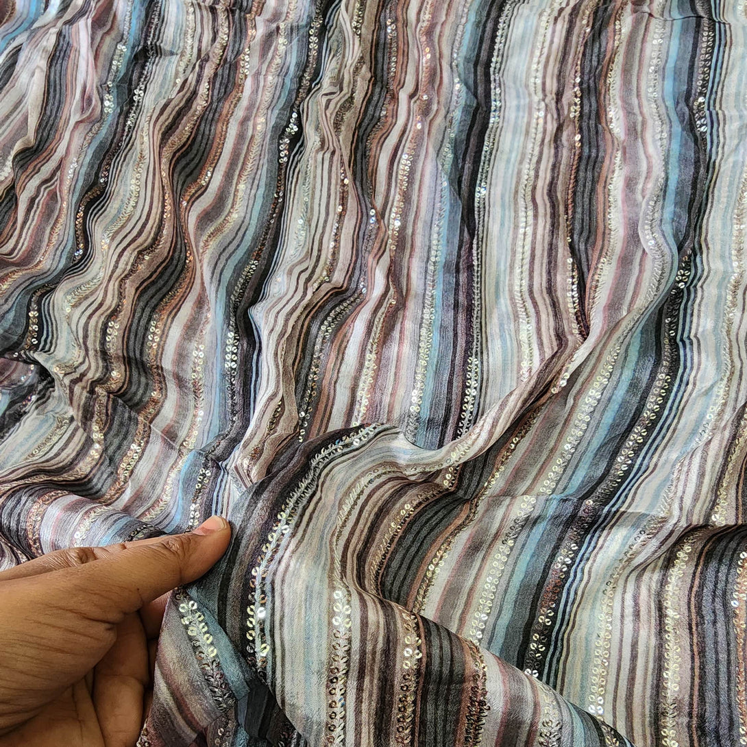 Chiffion Sequence Shades Of Blue And Grey Hand Woven Fabric – Sanskruti