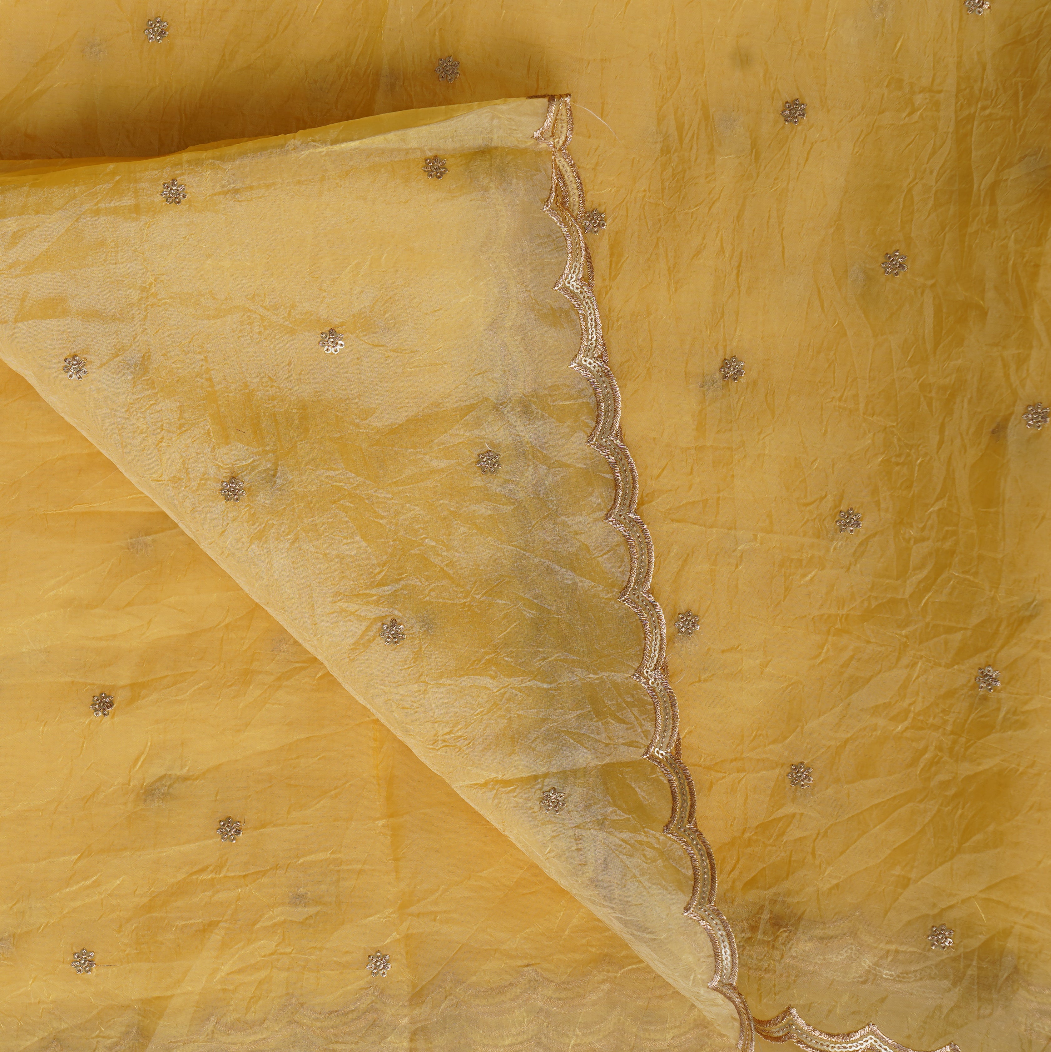 Craepe Tissue Yellow With Tiny Sequincs Flower Fabric – Sanskruti