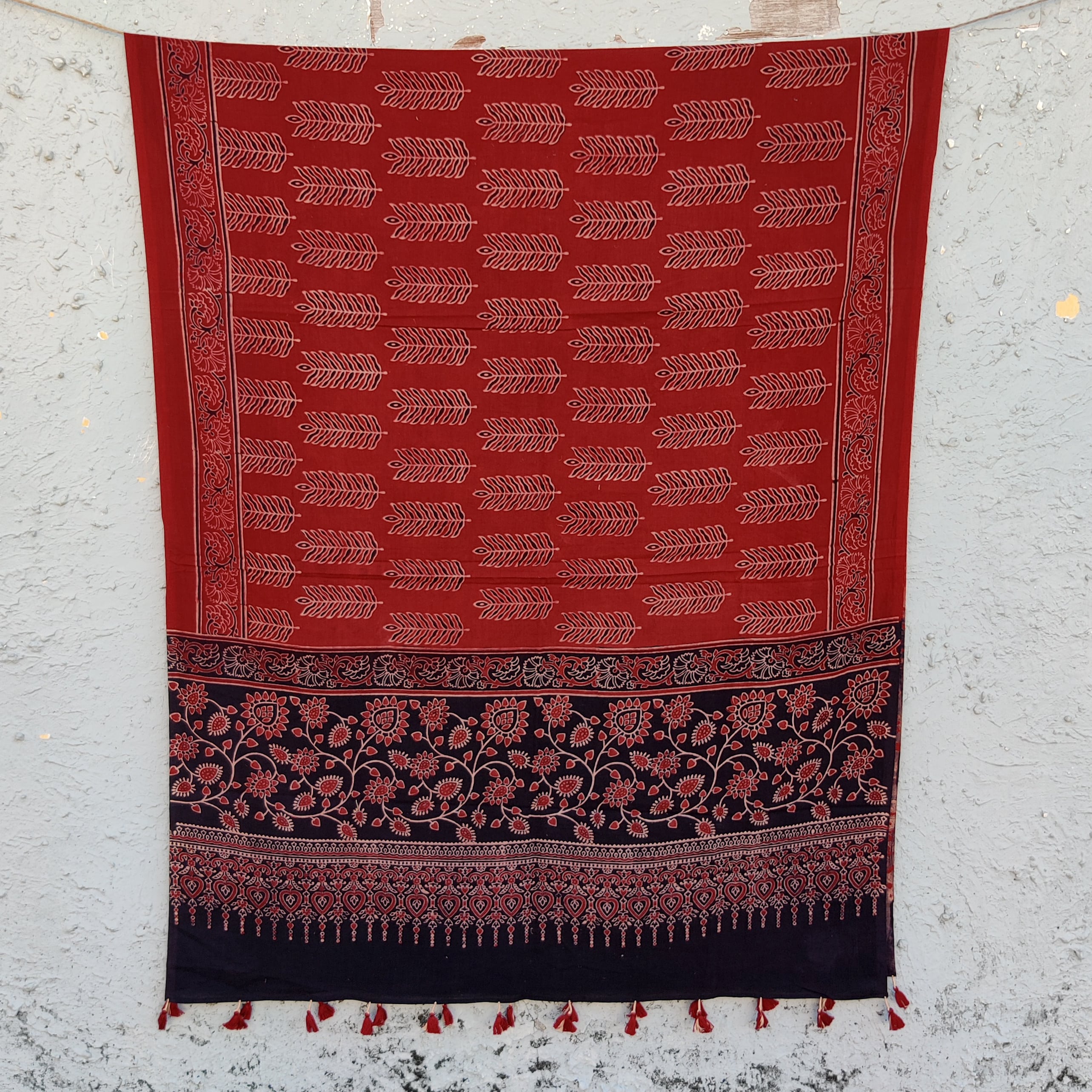 DHRITHI - Pure Cotton Vegetable Dyed Hand Block Printed Dupatta Leafy ...