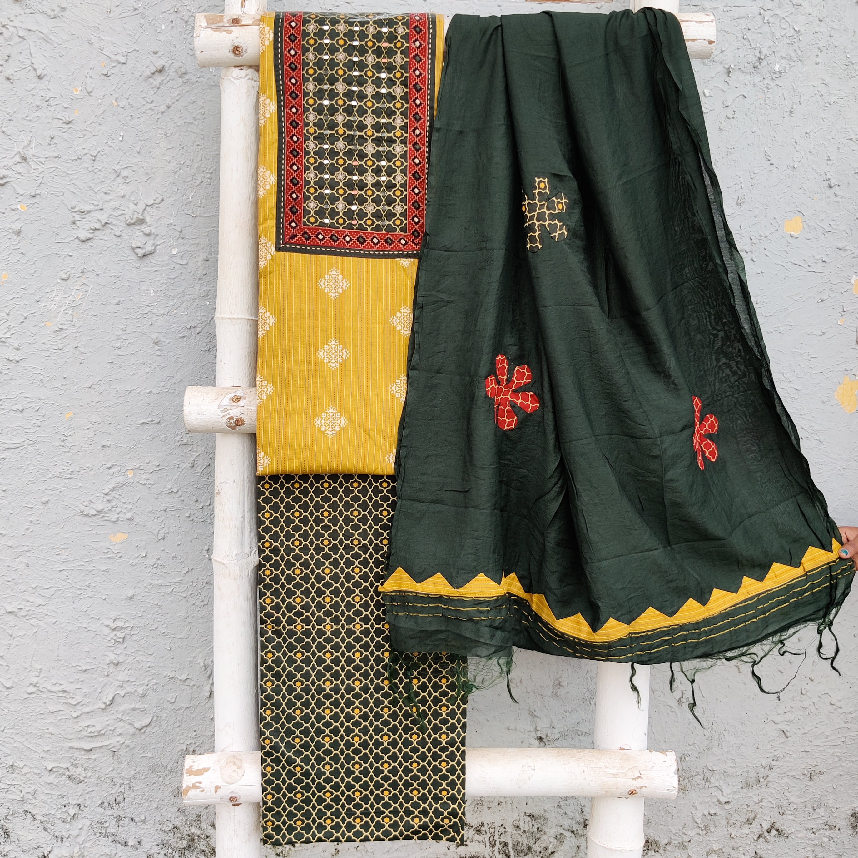 DIYA-Pure Cotton Mustard With Intricate Design Yoke And Dark Green And ...