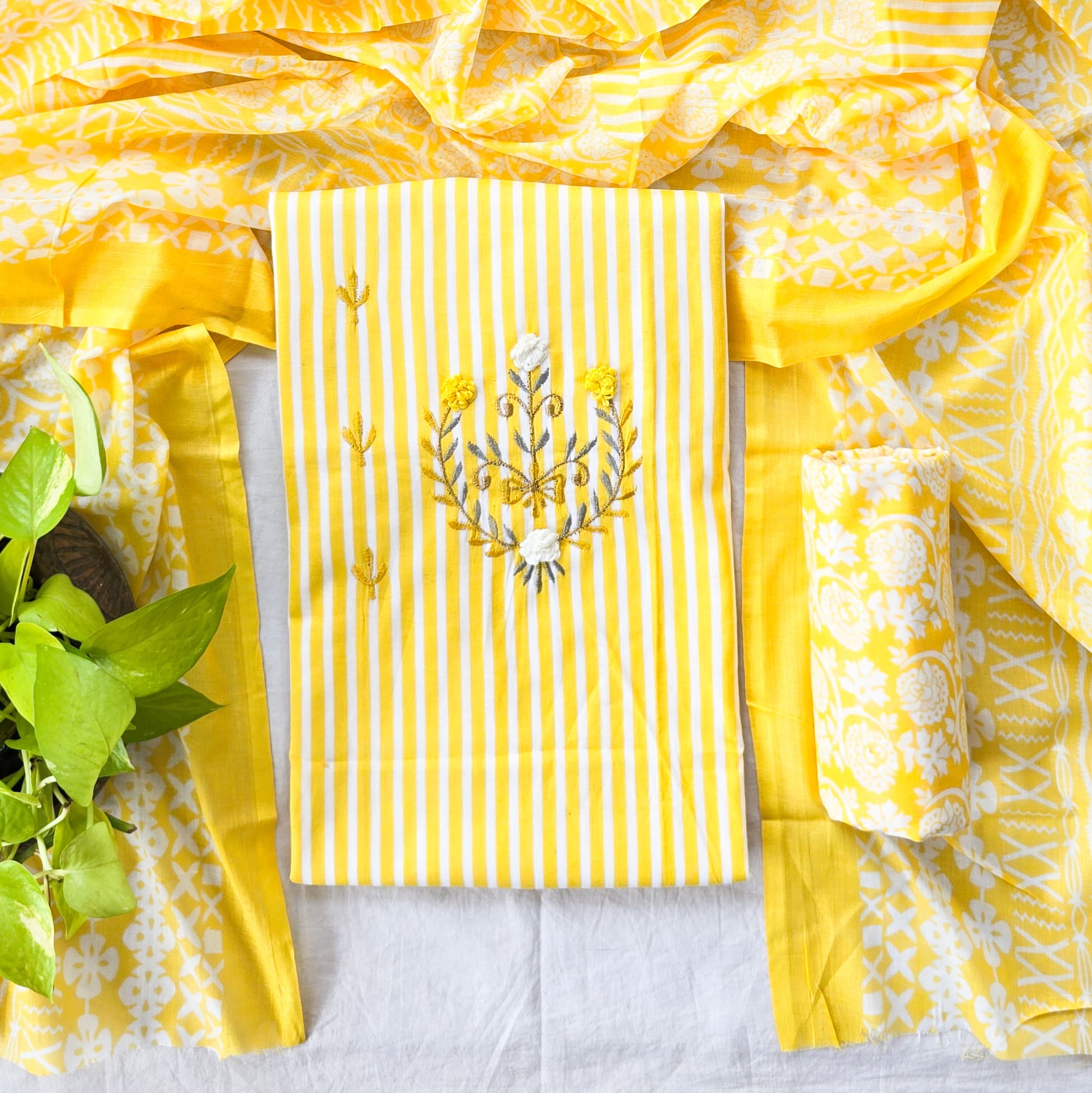 DIYA-Pure Cotton Yellow With White stripes Embroidered Yoke Suit ...