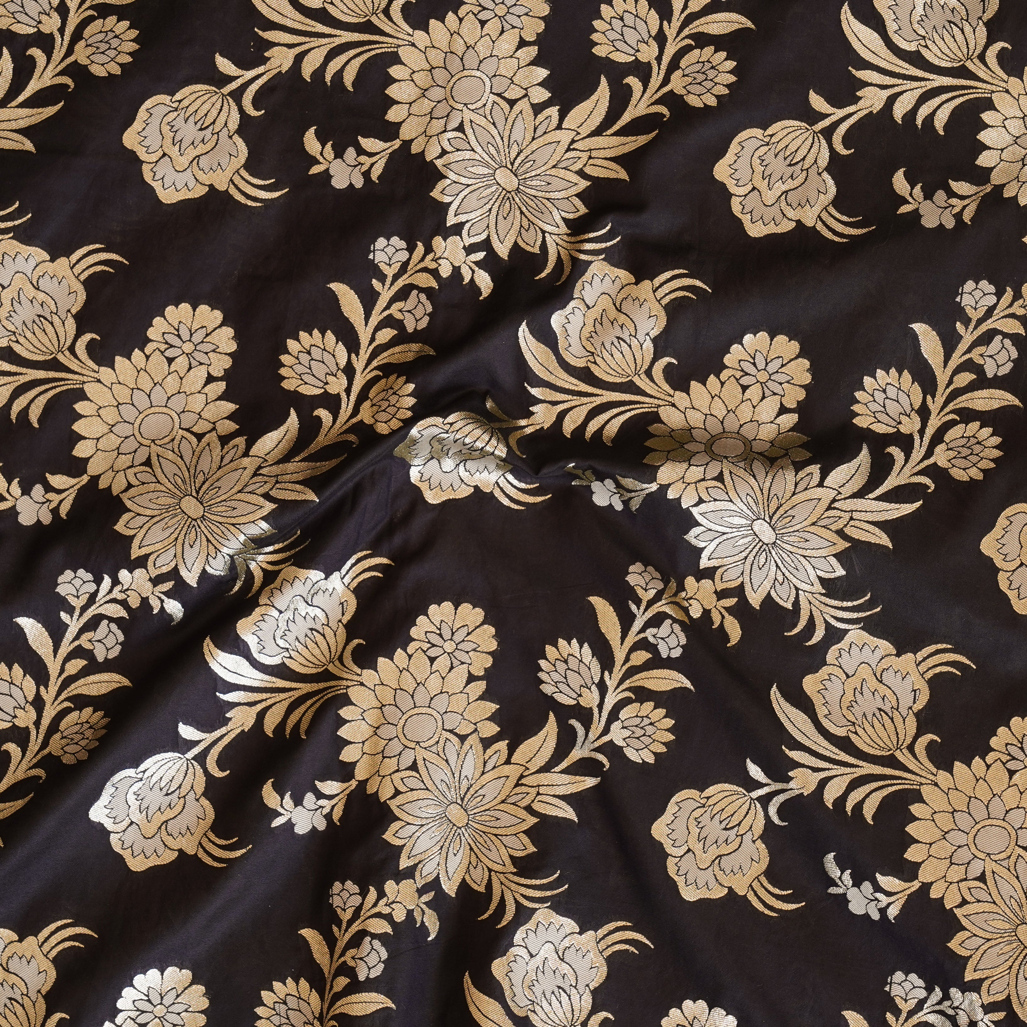Kathan Banarasi Brocade Black With Sliver And Golden Flower Jaal Fabri ...