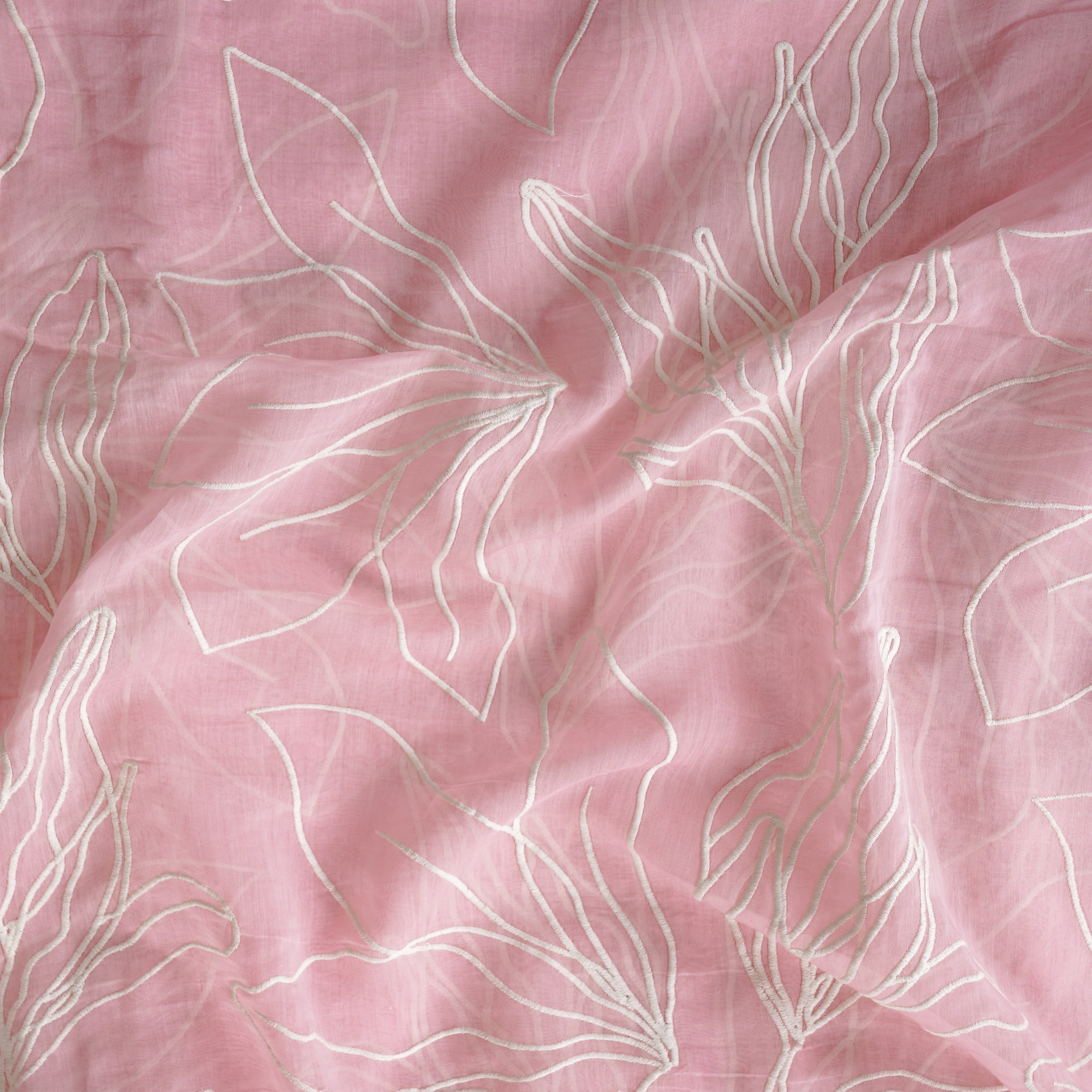 Chanderi Baby Pink And White Abstract Machine Embroidery Fabric – Sanskruti