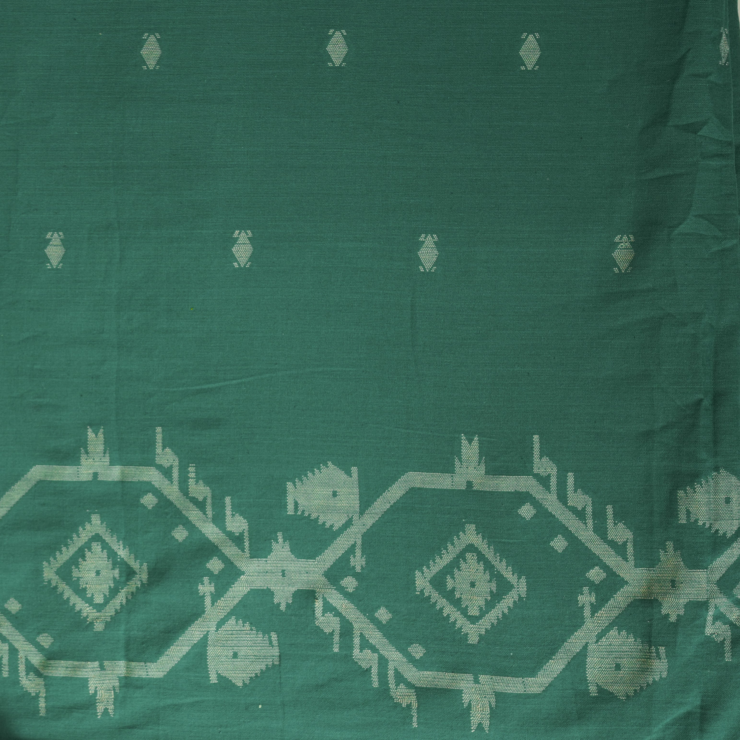 (PRE-CUT 1.30 METER)Pure Cotton Handloom Jamdani woven Fabric Green Wi ...