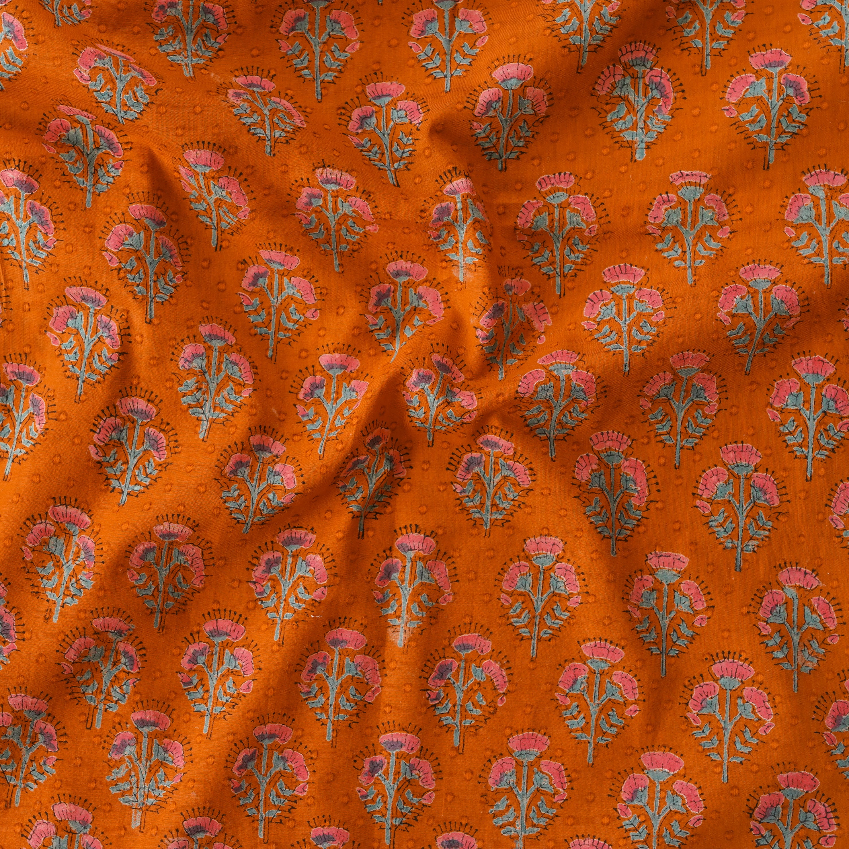Pure Cotton Doby Discharge Orange With Pink Flower Plants Hand Block P ...