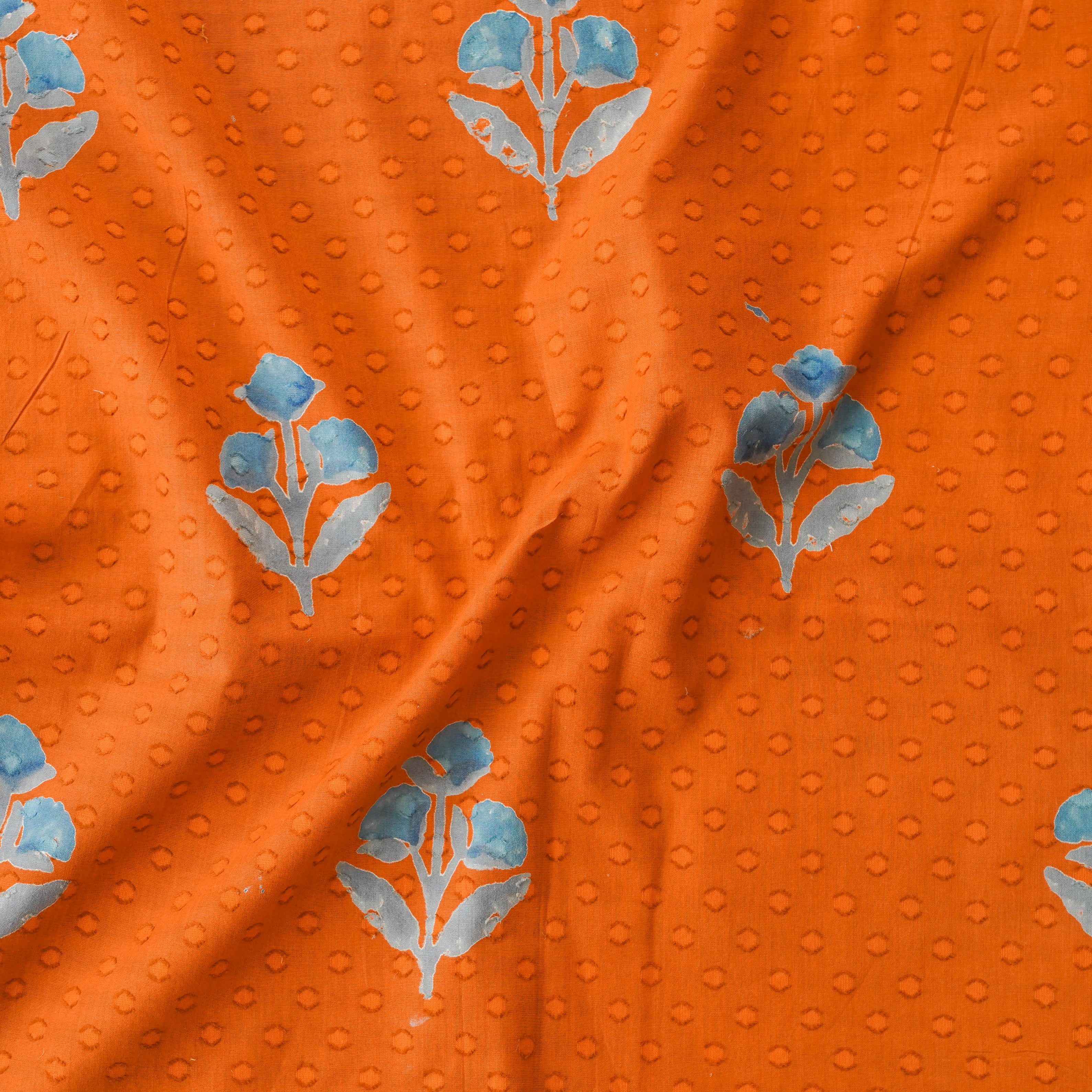 (PRE-CUT 2 METER)Pure Cotton Doby Discharge Orange With Blue Big Flowe ...