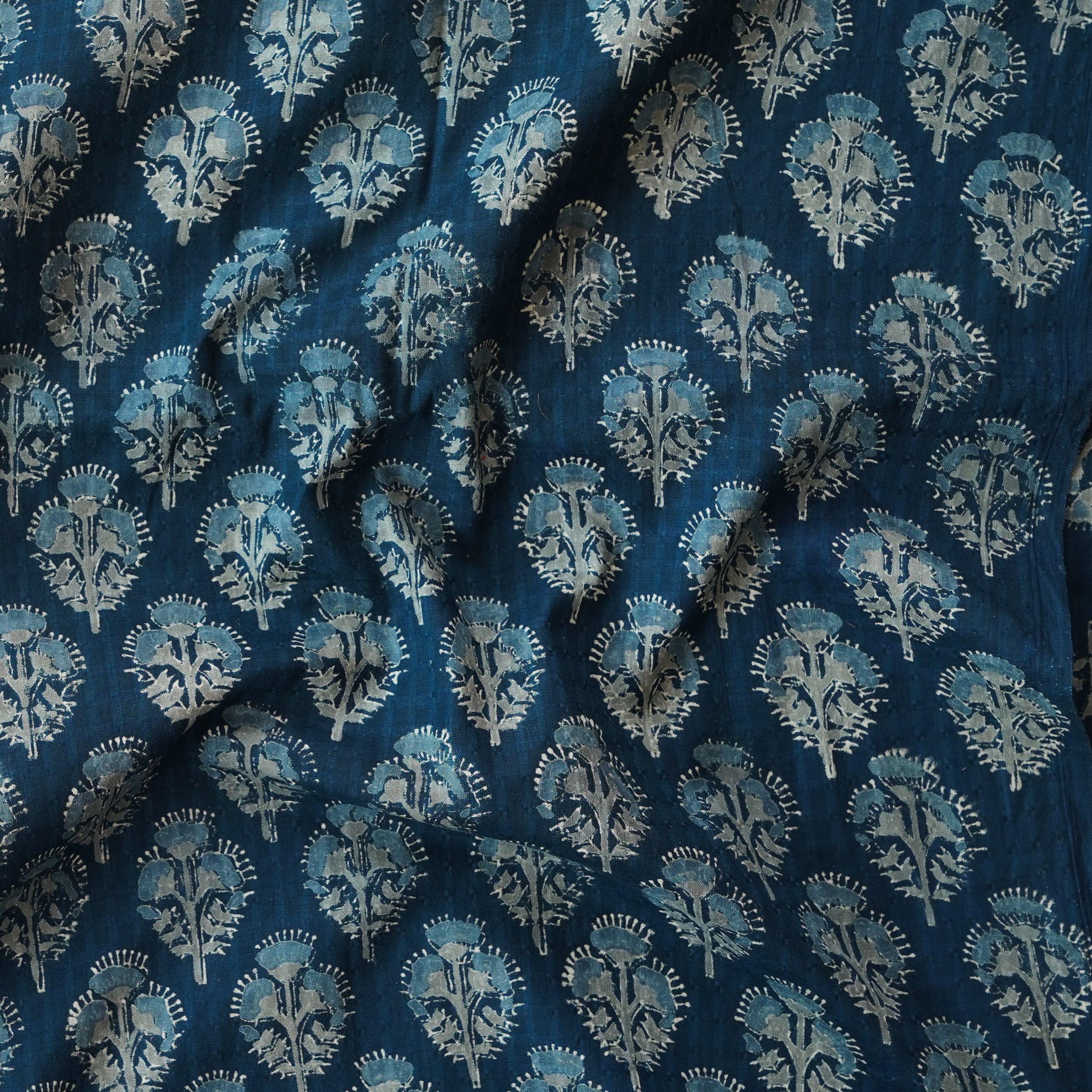 Pure Cotton Doby Discharge Greyish Blue With Flower Plant Motif Hand B ...