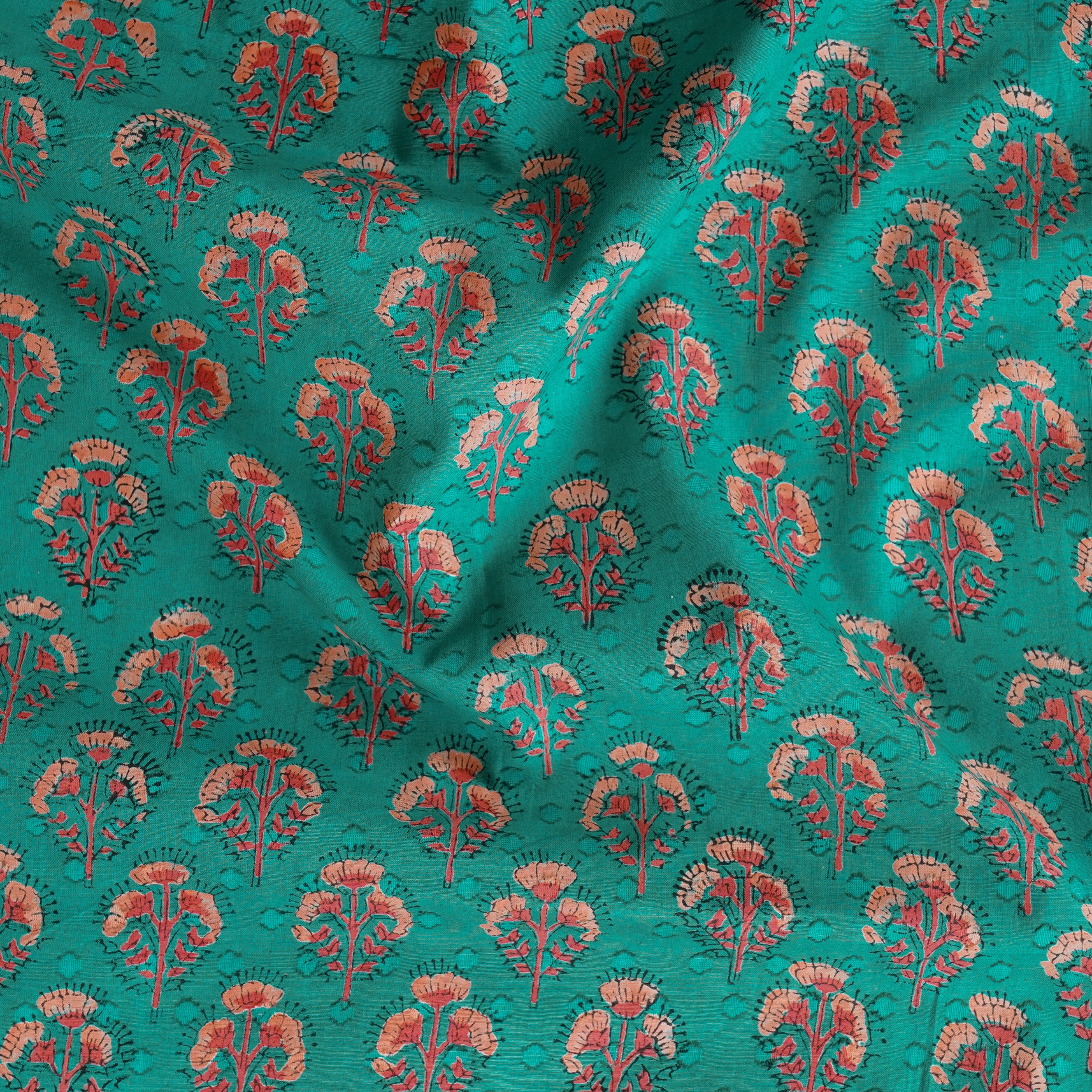 Pure Cotton Doby Discharge Teal Green With Peach Flower Motifs Hand Bl ...