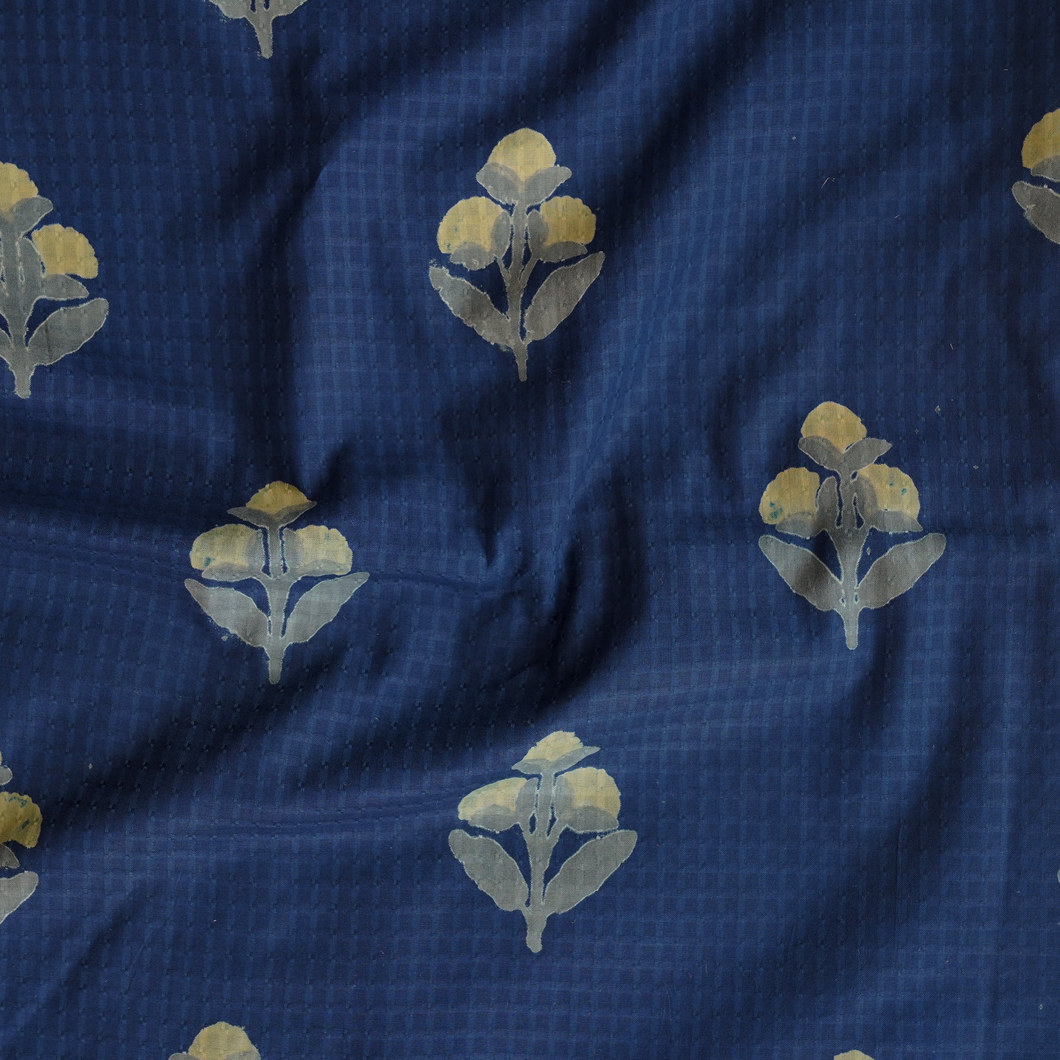 Pure Cotton Doby Discharge Blue With Mustard Big Flower Motifs Hand Bl ...