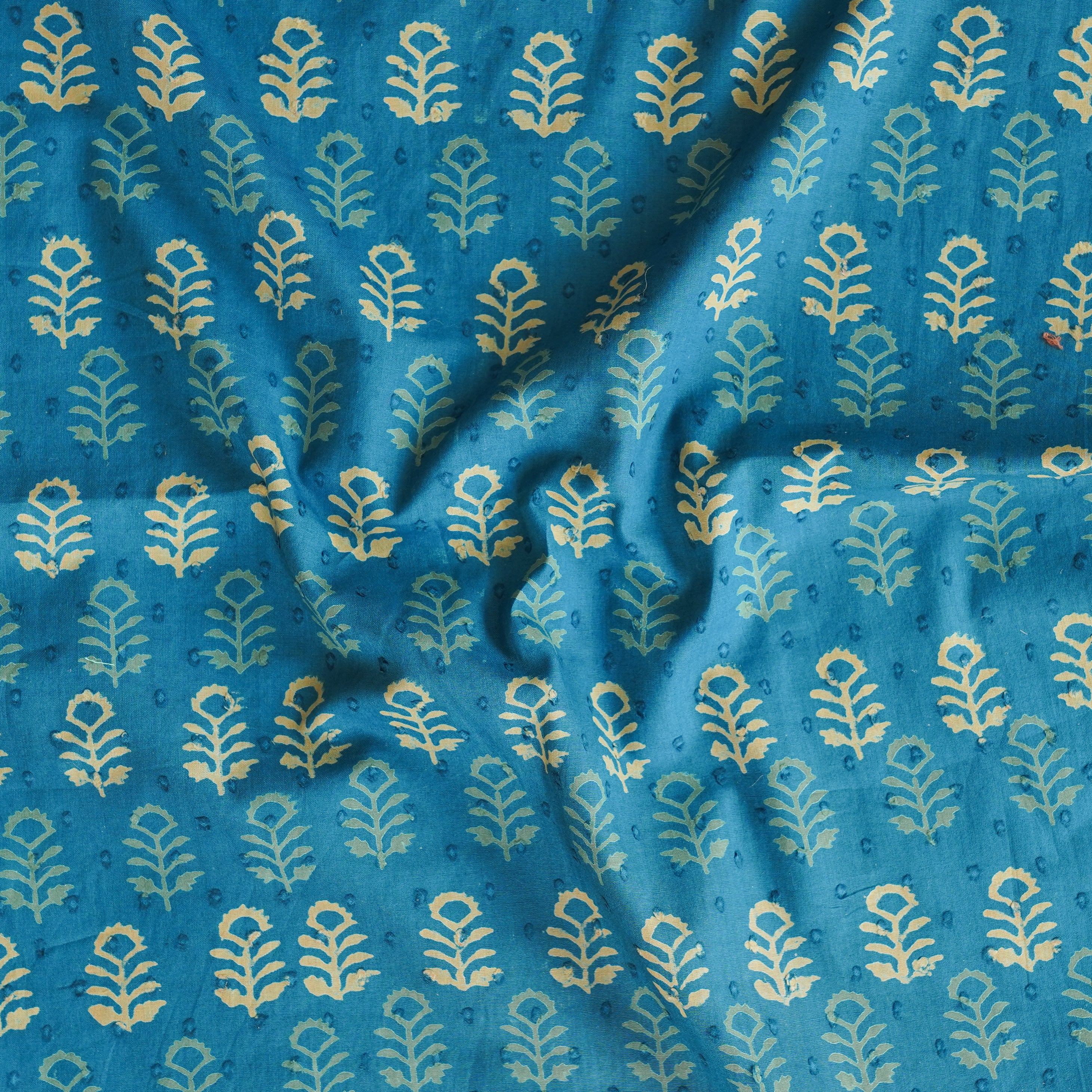 Pure Cotton Doby Discharge Blue With Light Yellow Small Flower Motifs ...