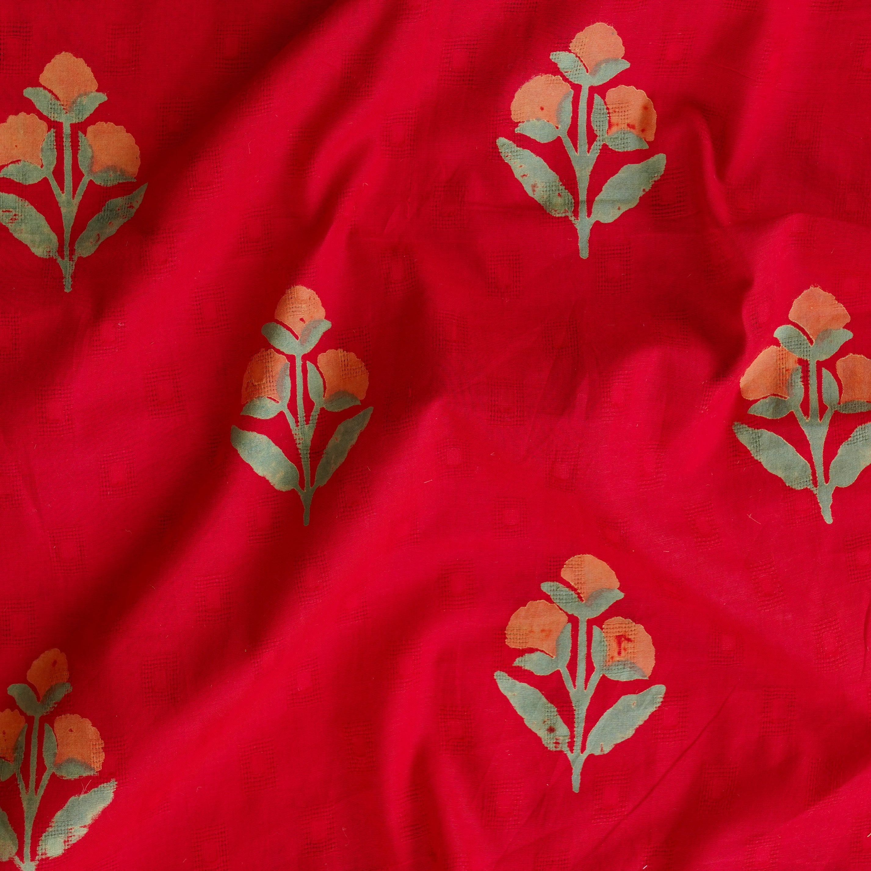 Pure Cotton Doby Discharge Red With Light Orange Big Flower Motifs Han ...