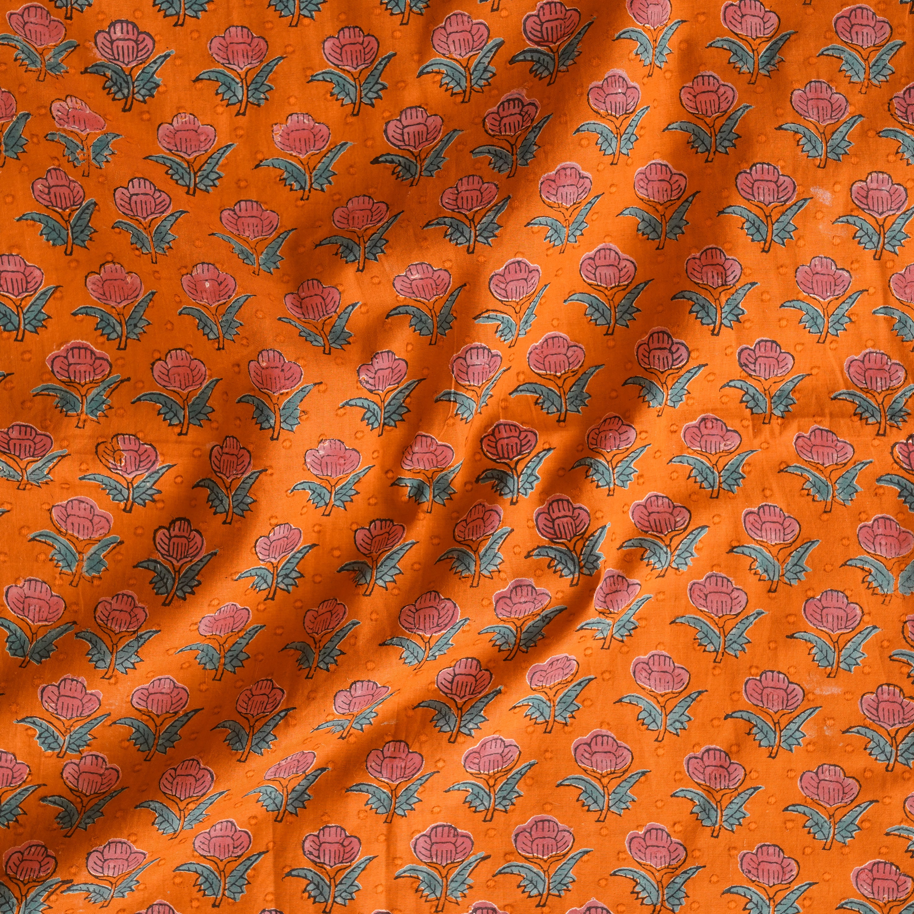 Pure Cotton Doby Discharge Orange With Pink Small Flower Motifs Hand B – Sanskruti