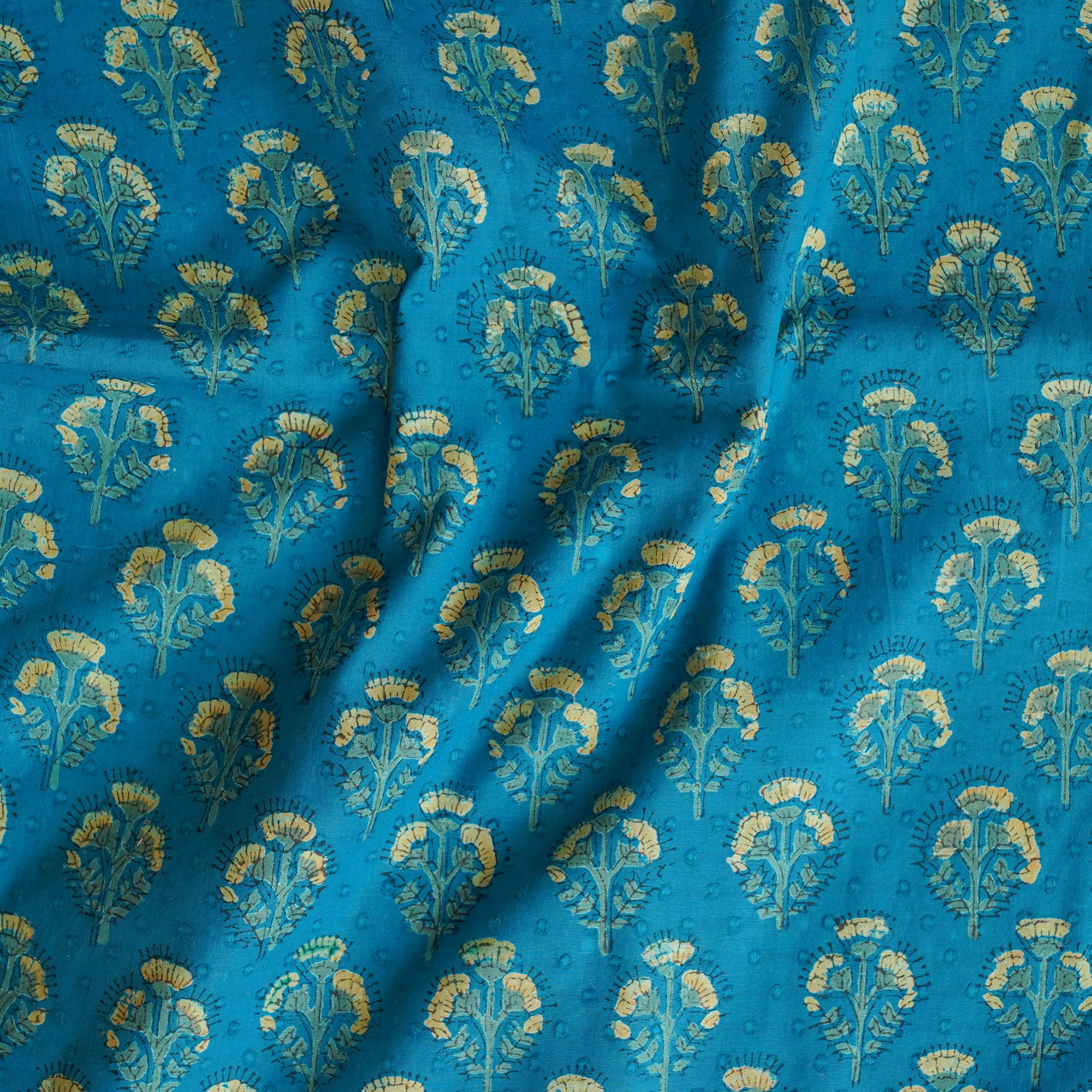 Pure Cotton Doby Discharge Blue With Light Yellow Flower Plants Motifs ...