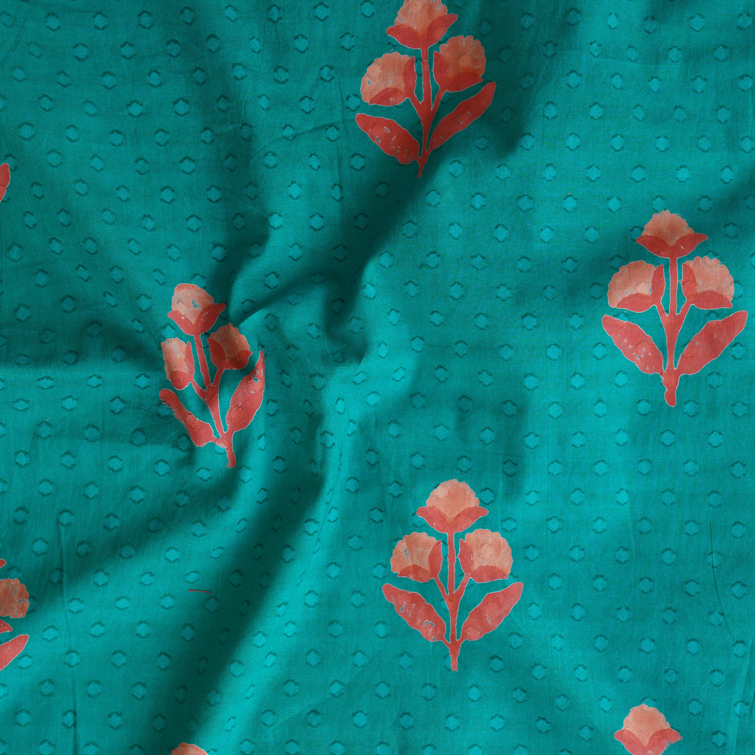 Pure Cotton Doby Discharge Teal Green With Peach Big Flower Motifs Han ...