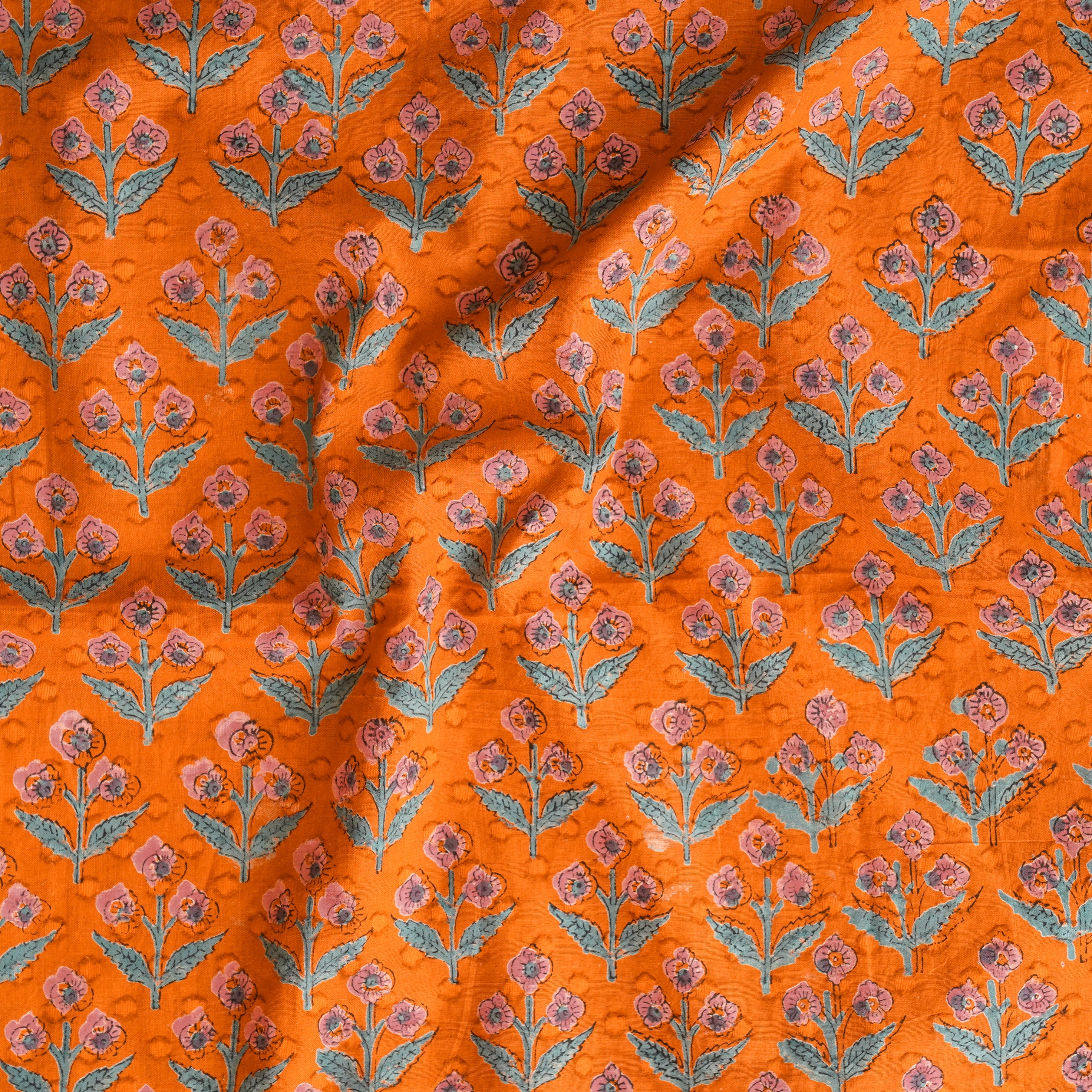 Pure Cotton Doby Discharge Orange With Pink Flower Motifs Hand Block P ...