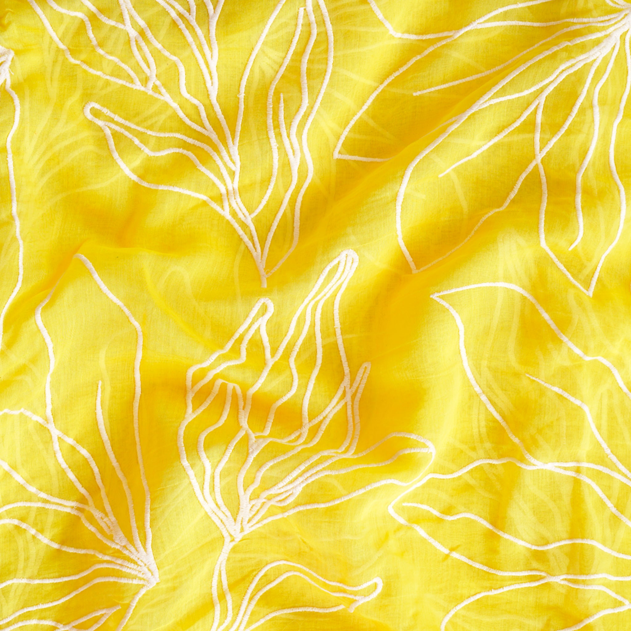 Chanderi Yellow And White Abstract Machine Embroidery Fabric – Sanskruti