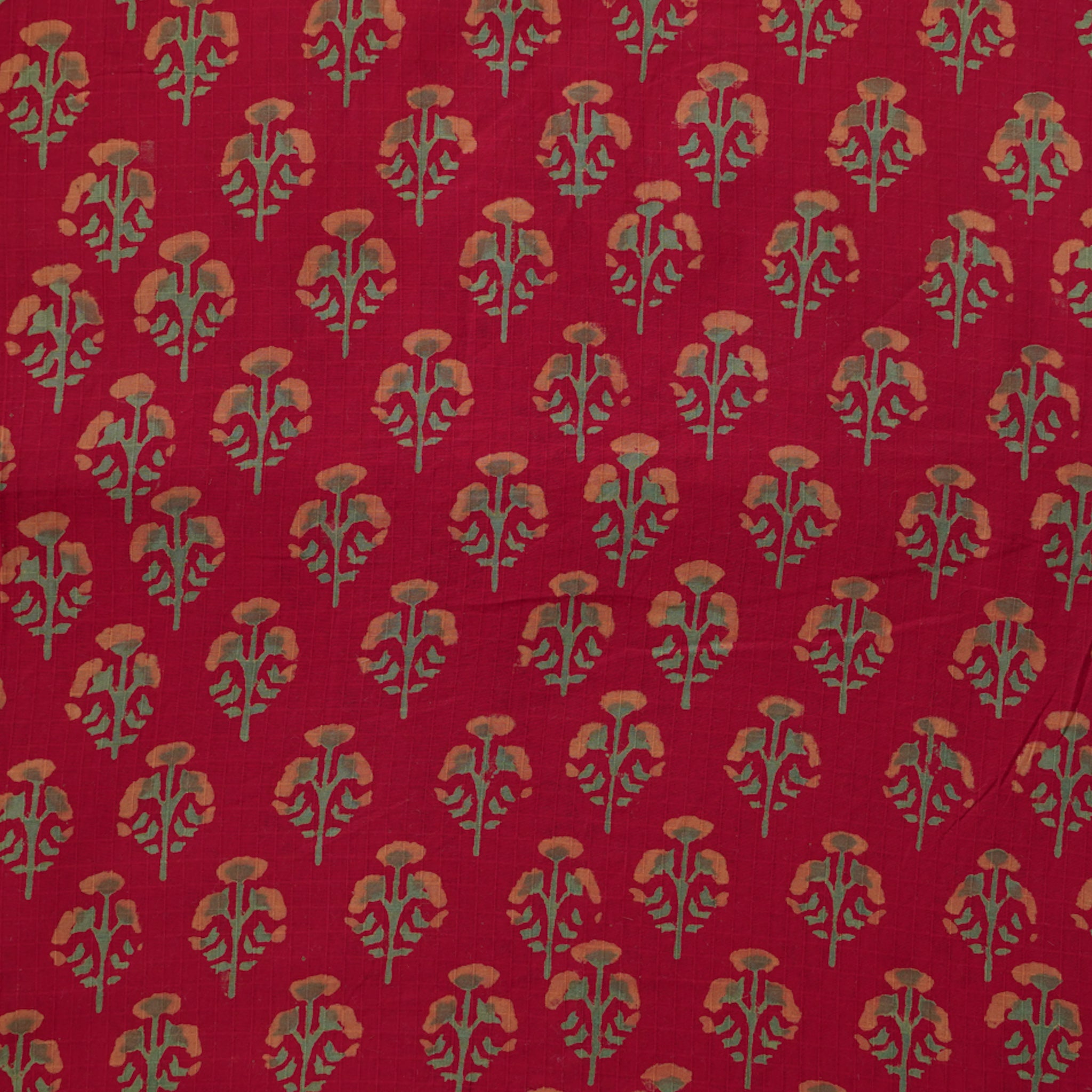 Pure Cotton Doby Discharge Red With Peach Flower Motifs Hand Block Pri ...