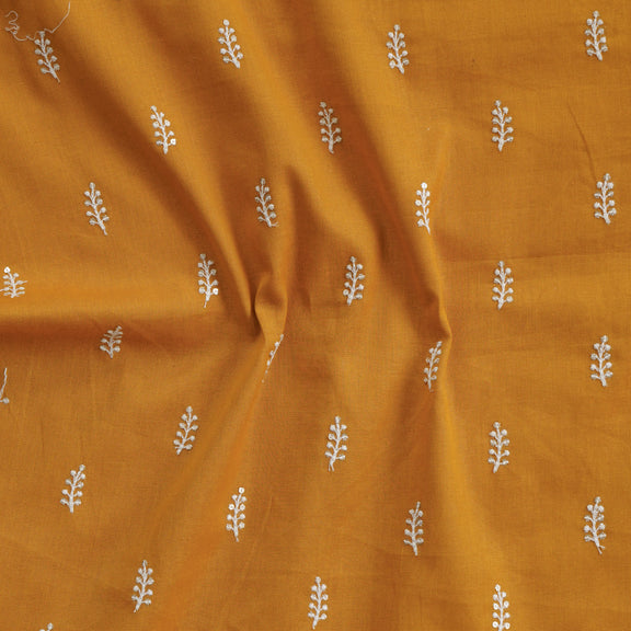 Pure Cotton Handloom Mustard And White Leaf Motifs With Sequence Embro ...