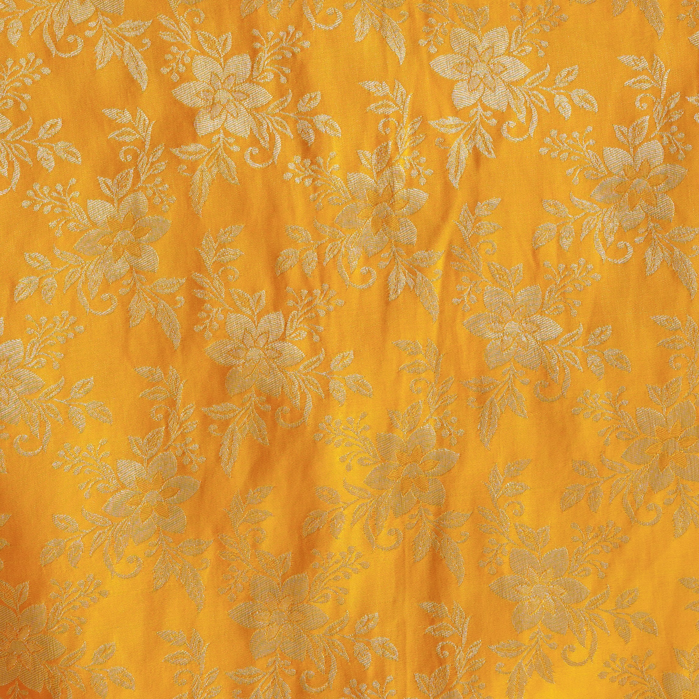 Brocade Yellow With Golden Zari Flower Jaal Fabric – Sanskruti