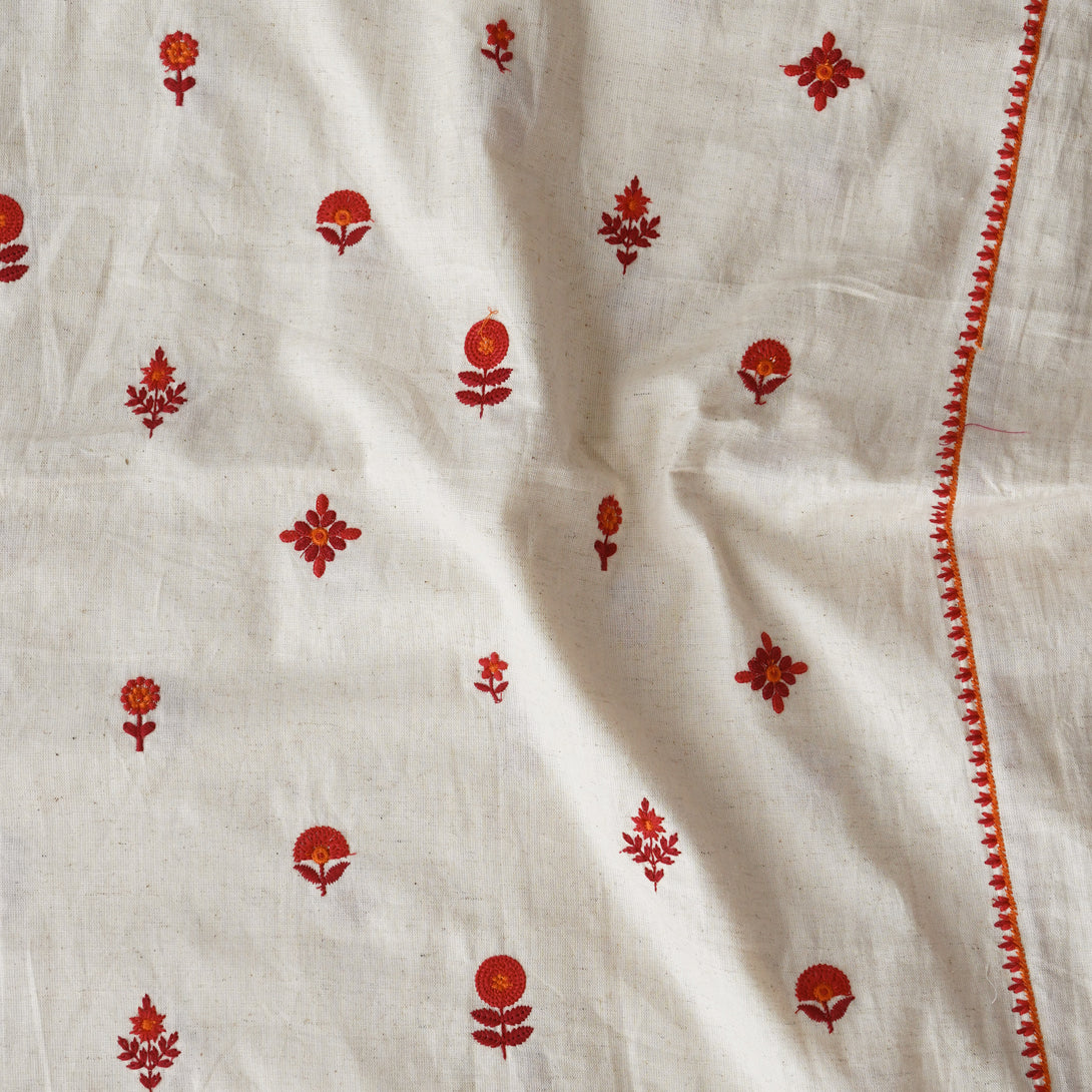 (PRE-CUT 2.40 METER) Pure Cotton Flex Cream And Red Flower Motifs With – Sanskruti