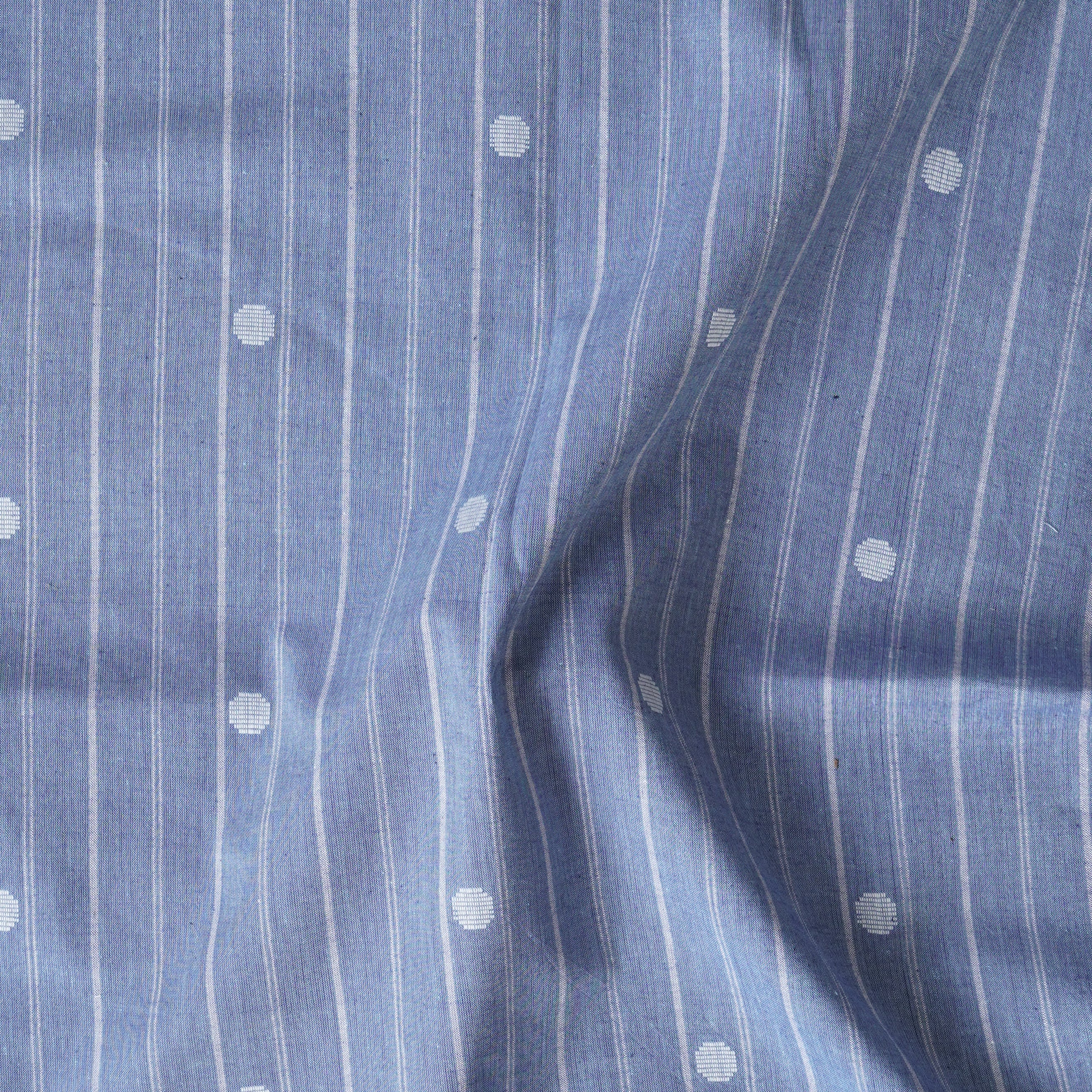 Pure Cotton Handloom Powder Blue With White Polka Dotes And Stripes Wo ...