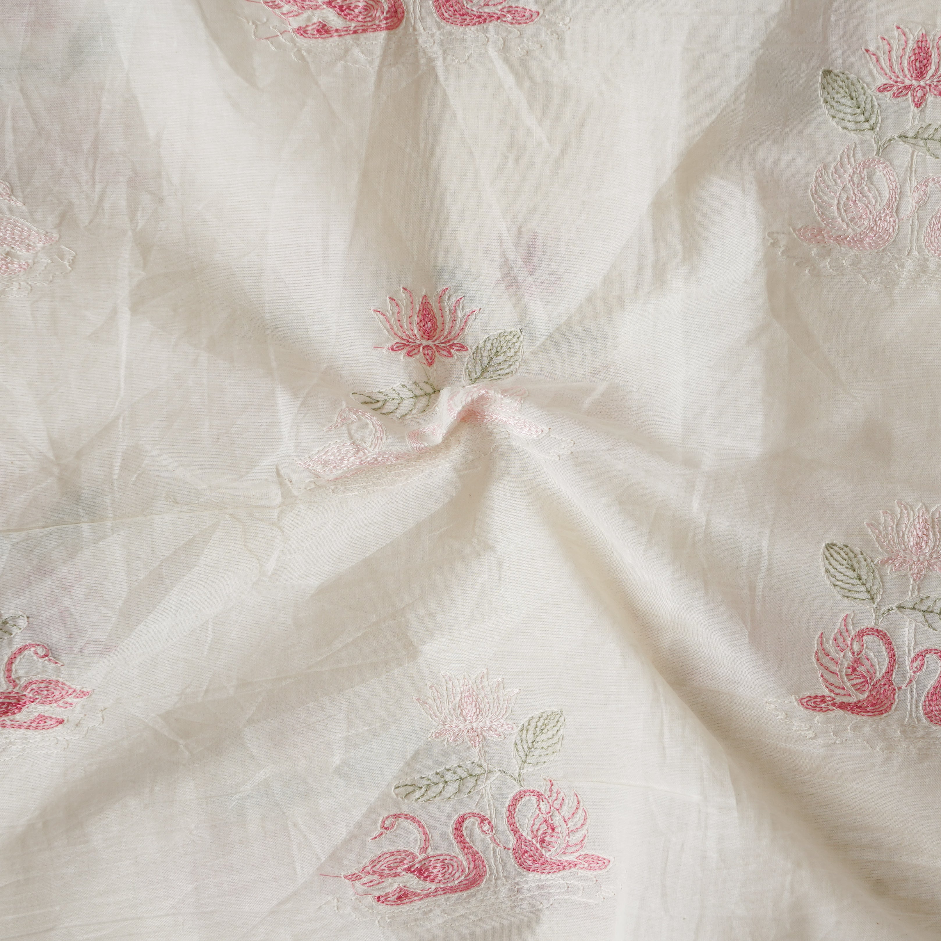 Pure Cotton Cream And Pink Ducks In Pond With Lotus Motif Embroidery F ...