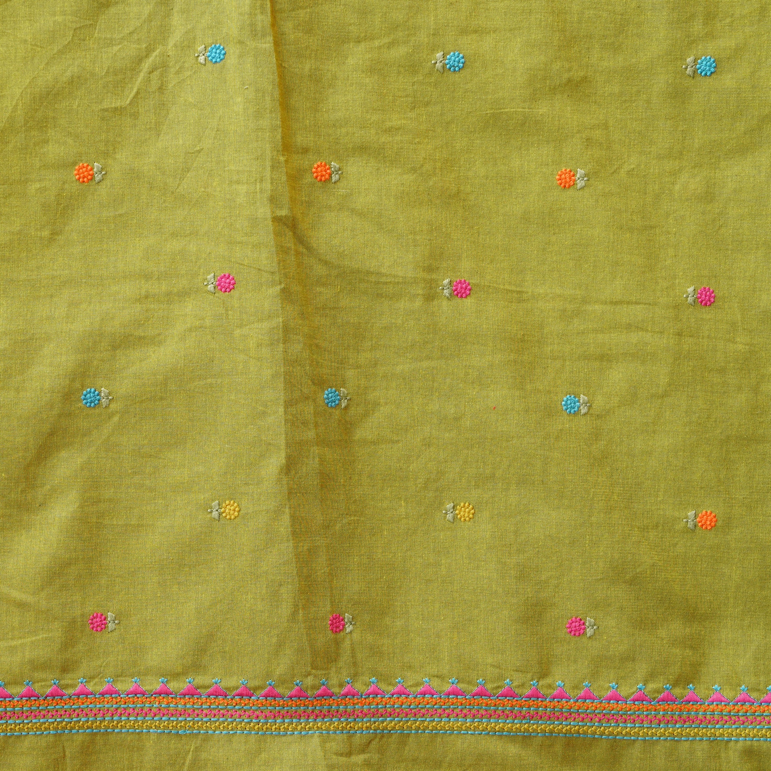 Pure Cotton Embroidery Warm Olive With Pink And Orange Tiny Flower Bor ...