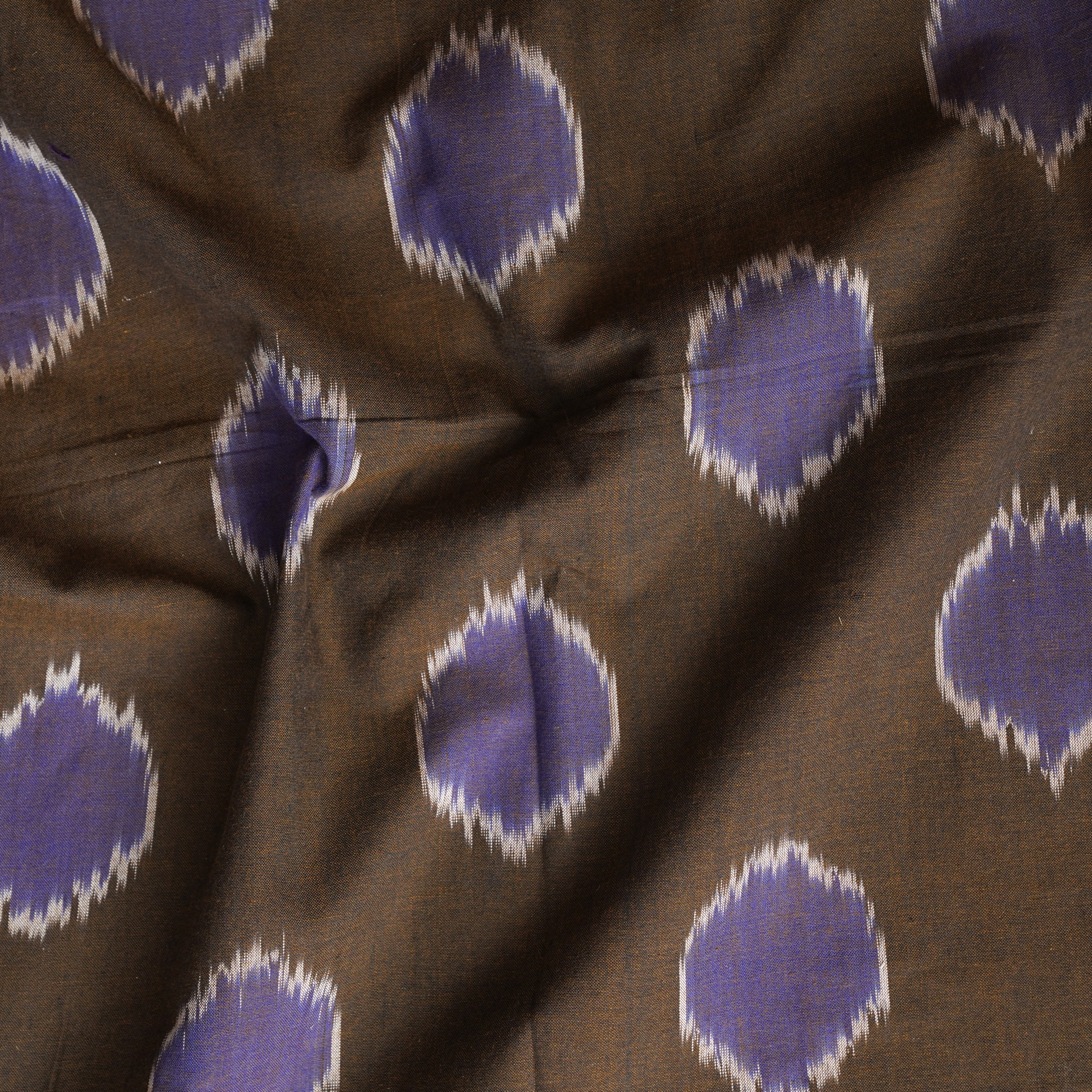 Pure Cotton Mercerised Ikkat Dark Khaki With Purple Big Circle Motif W ...