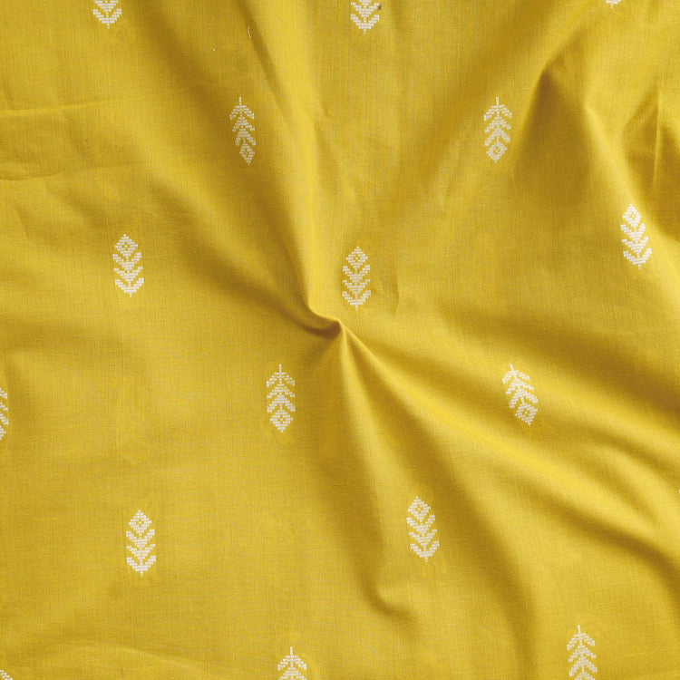 (PRE-CUT 0.90 METER)Pure Cotton Handloom Mustard With White Plant Moti ...