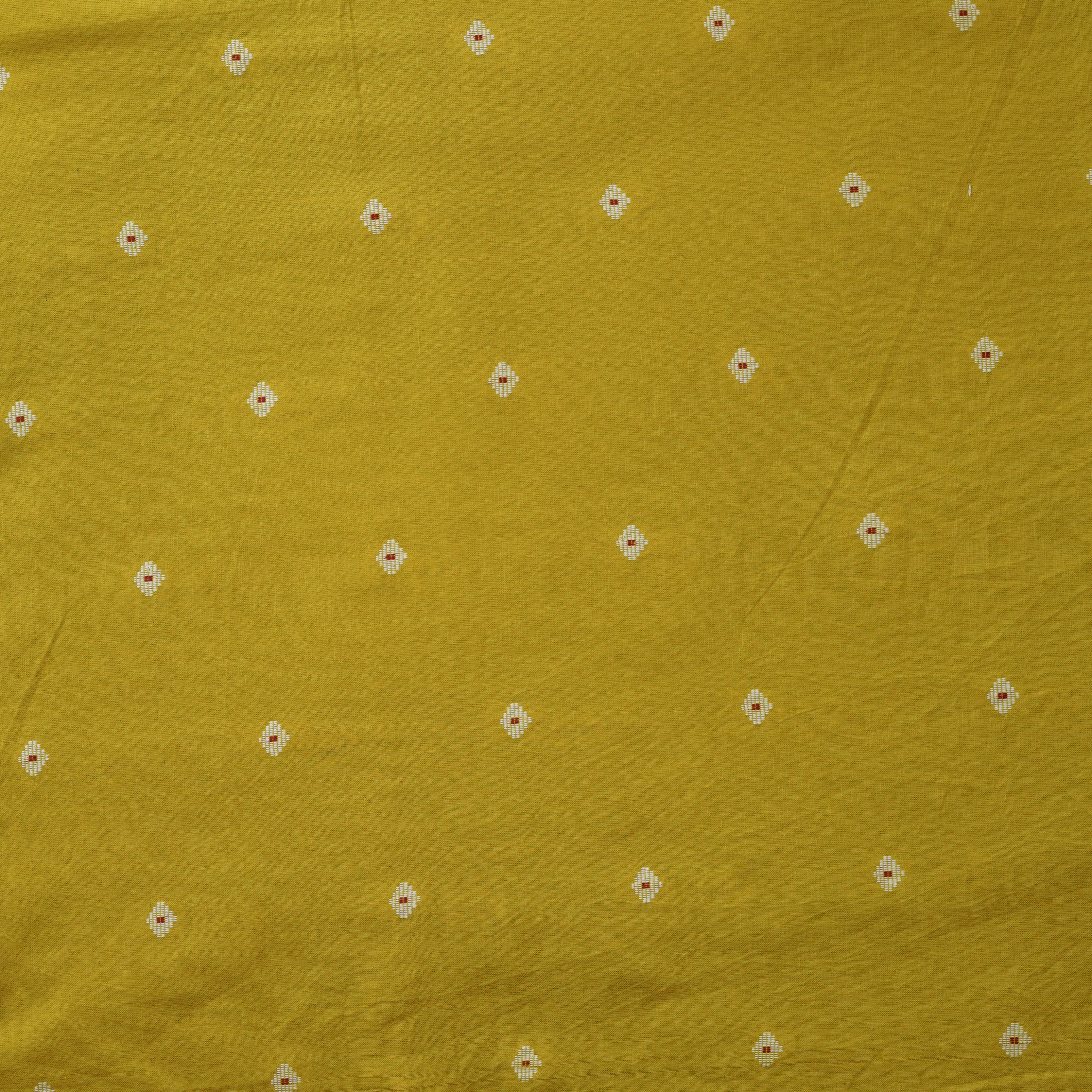 (PRE-CUT 1 METER) Pure Cotton Handloom Mustard With White Motif Hand W ...