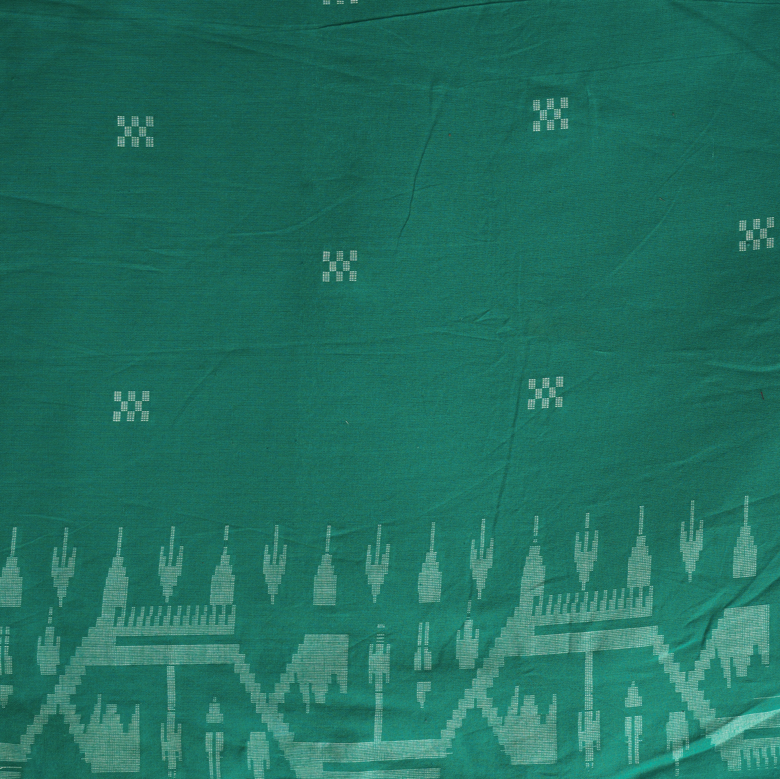 Pure Cotton Handloom Jamdani Teal with White Butti And Border Design w ...