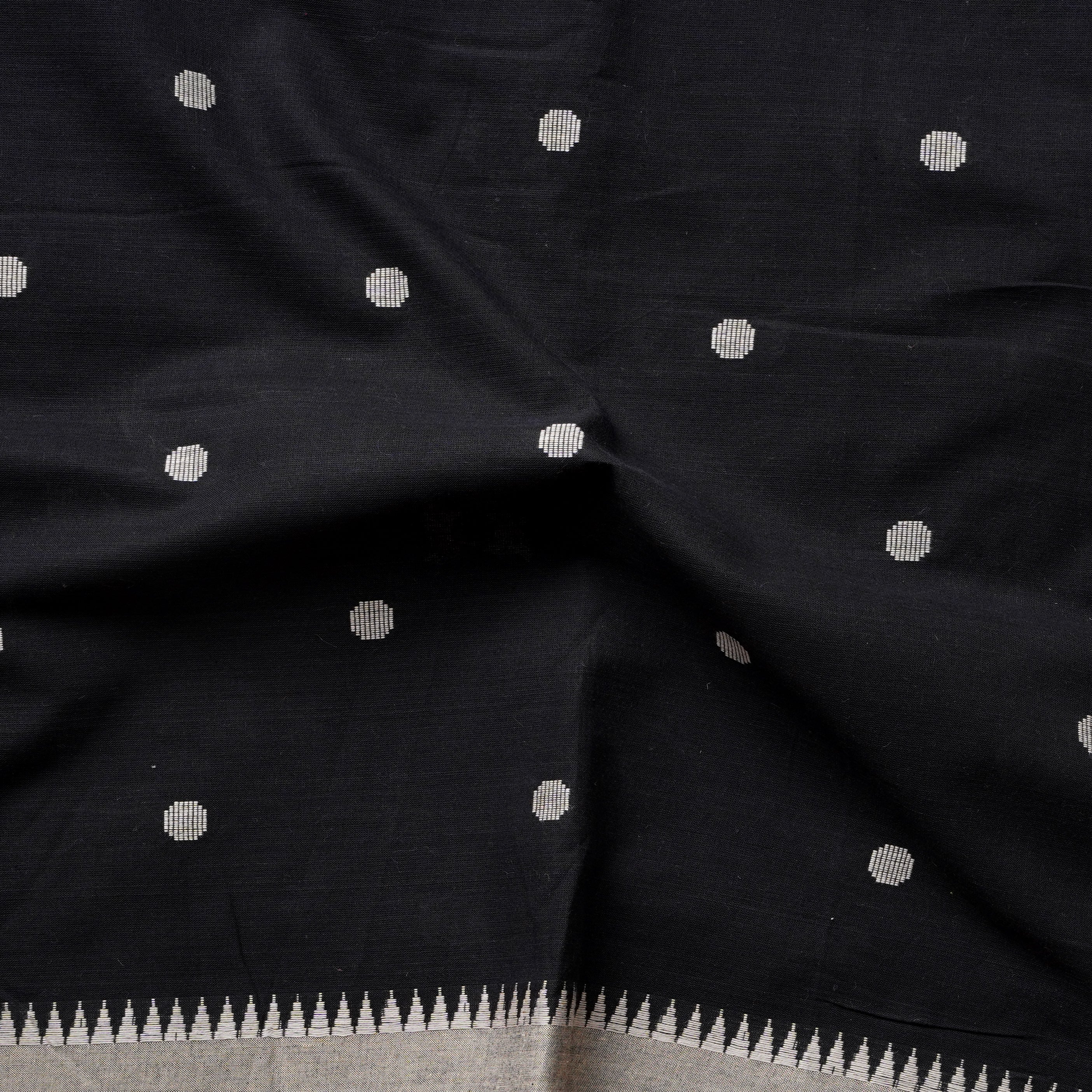 Pure Cotton Handloom Black And Dark Grey Butti With Border Design Wove ...