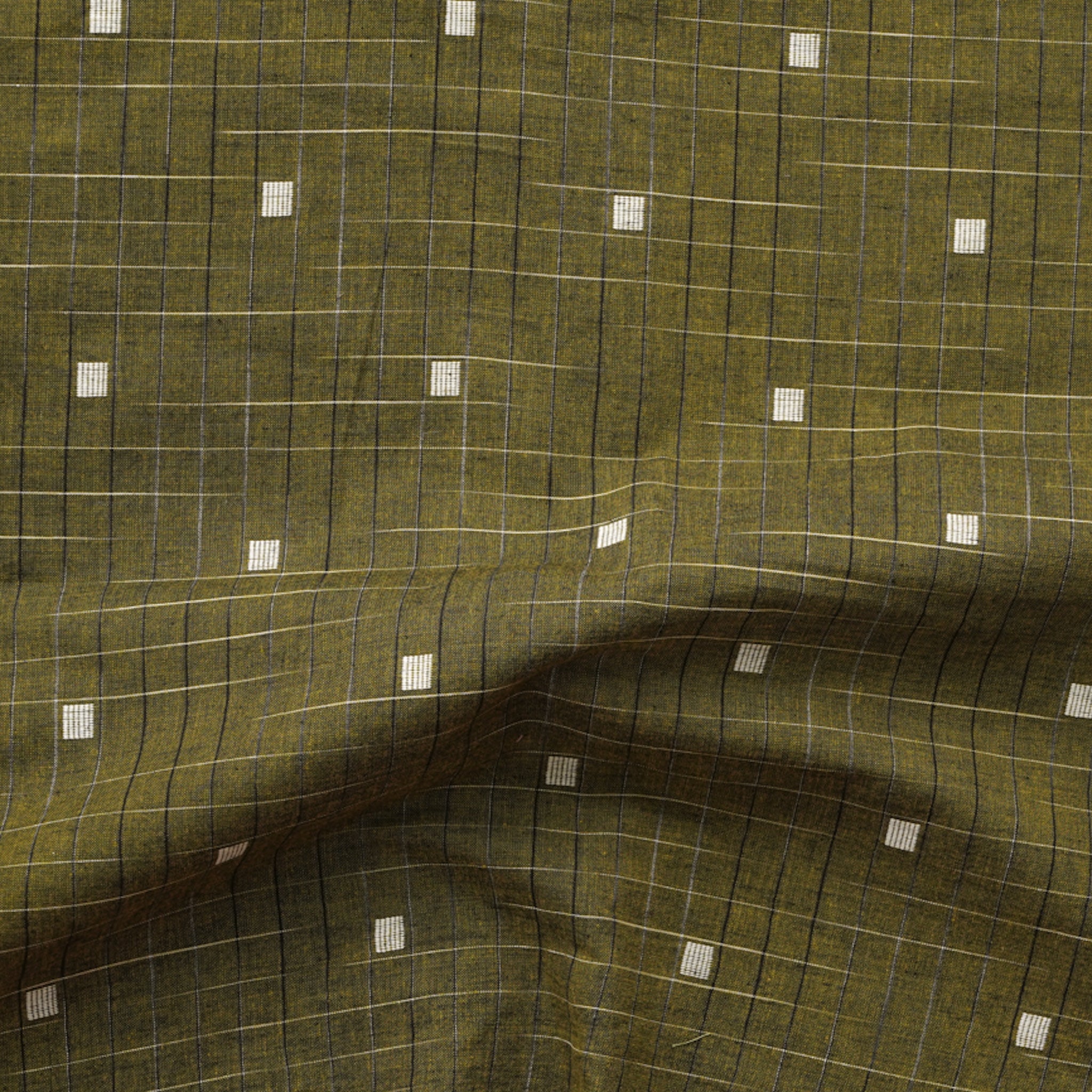 Pure Cotton Handloom dark khaki With White Checks square motif Woven F ...