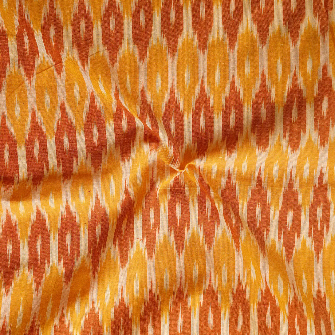 (Pre-Cut 1.95 Meter) Pure Cotton Ikkat Mustard With Dark Orange Diamon ...