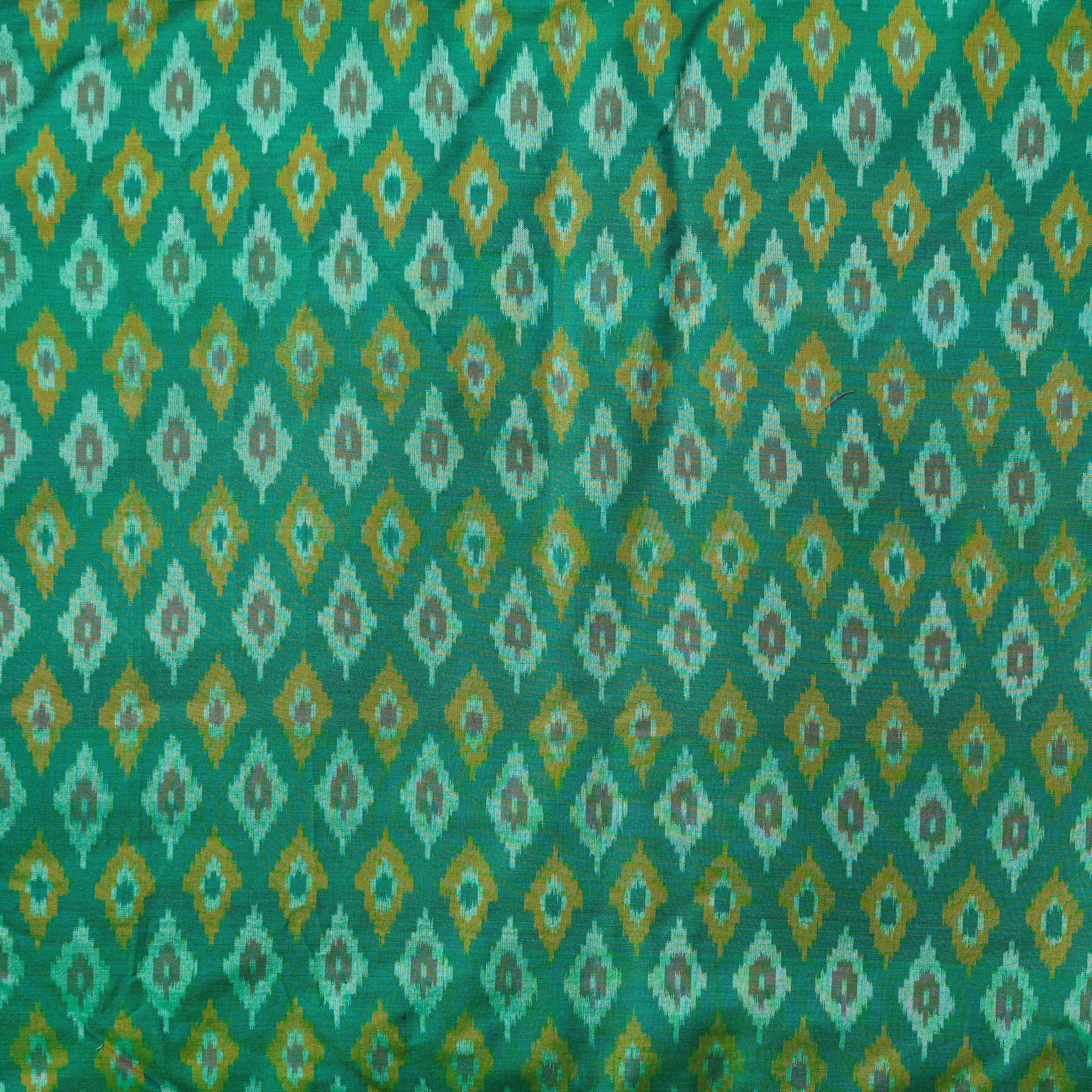 Pure Mercerised Secco Ikkat Green With Mustard Motif Woven Fabric ...